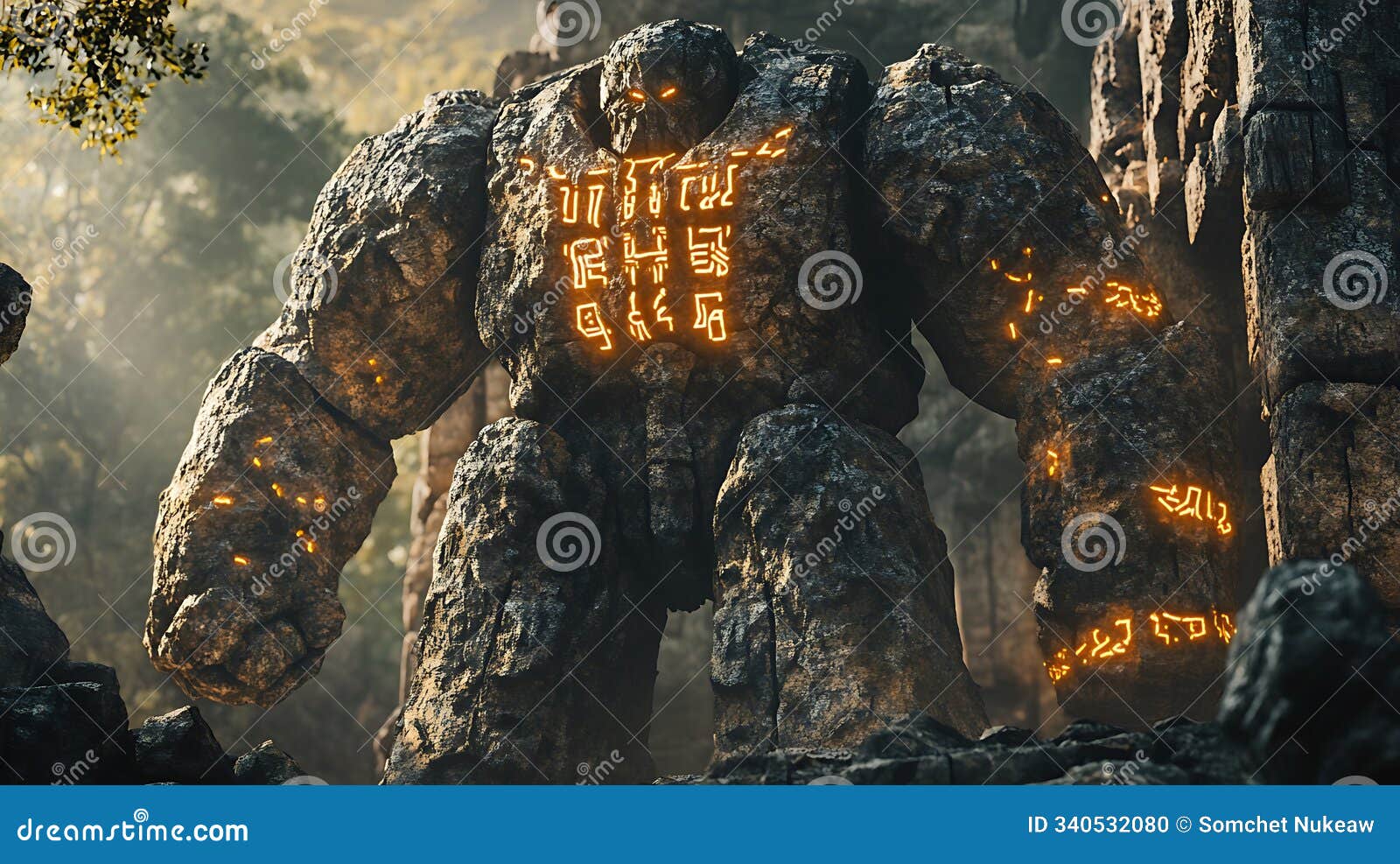 Stone Giant with Glowing Symbols in a Mystical Forest Environment Stock ...