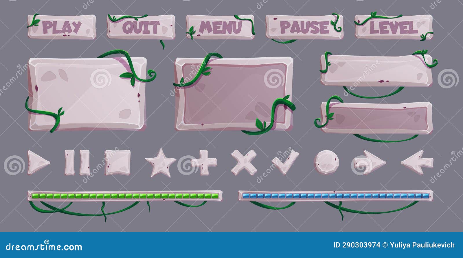 Stone Gui Elements with Jungle Vines and Leaves Stock Vector ...