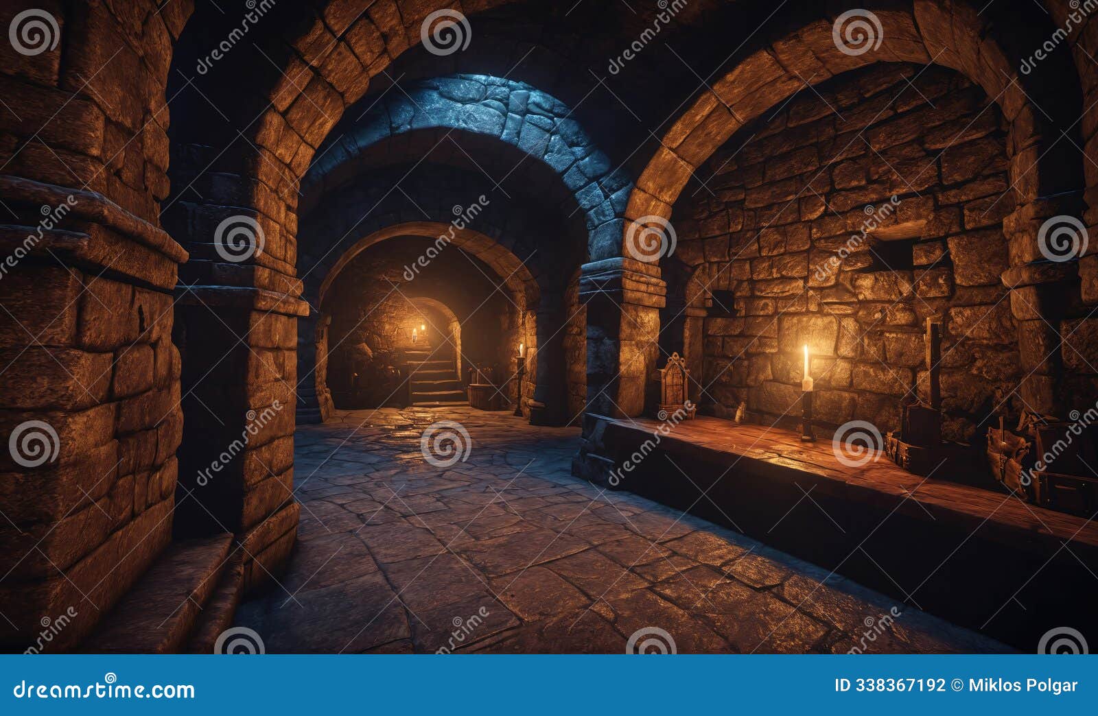 A Stone Hallway Leads To a Dimly Lit Staircase, Illuminated by the Warm ... A Stone Hallway Leads To a Dimly Lit Staircase, Illuminated by the Warm ...