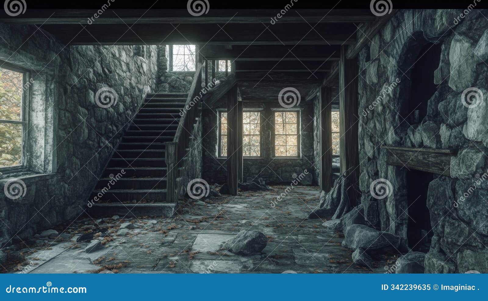 Stone Hallway with Staircase and Windows Stock Illustration ...
