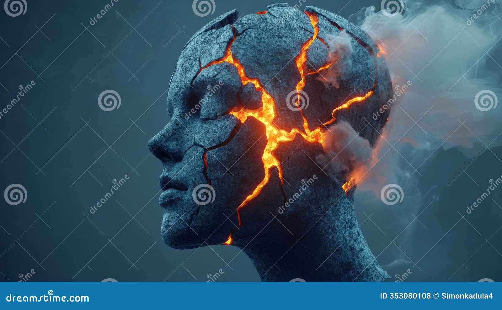 Stone Head Exploding with Orange Lava and Smoke Stock Photo - Image of ...