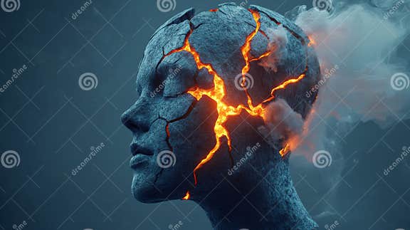 Stone Head Exploding with Orange Lava and Smoke Stock Photo - Image of ...