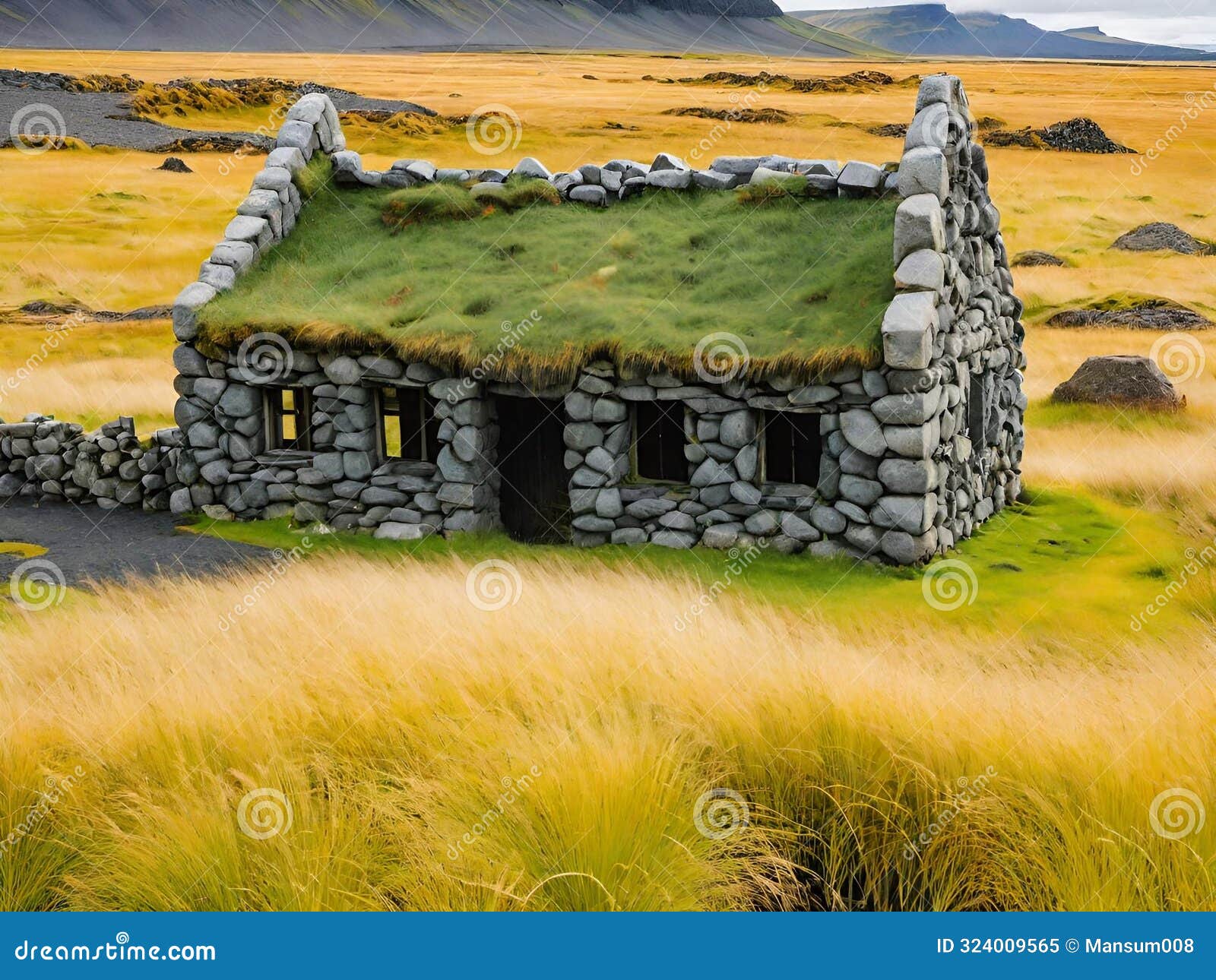 Stone home in grass field stock illustration. Illustration of blue ...