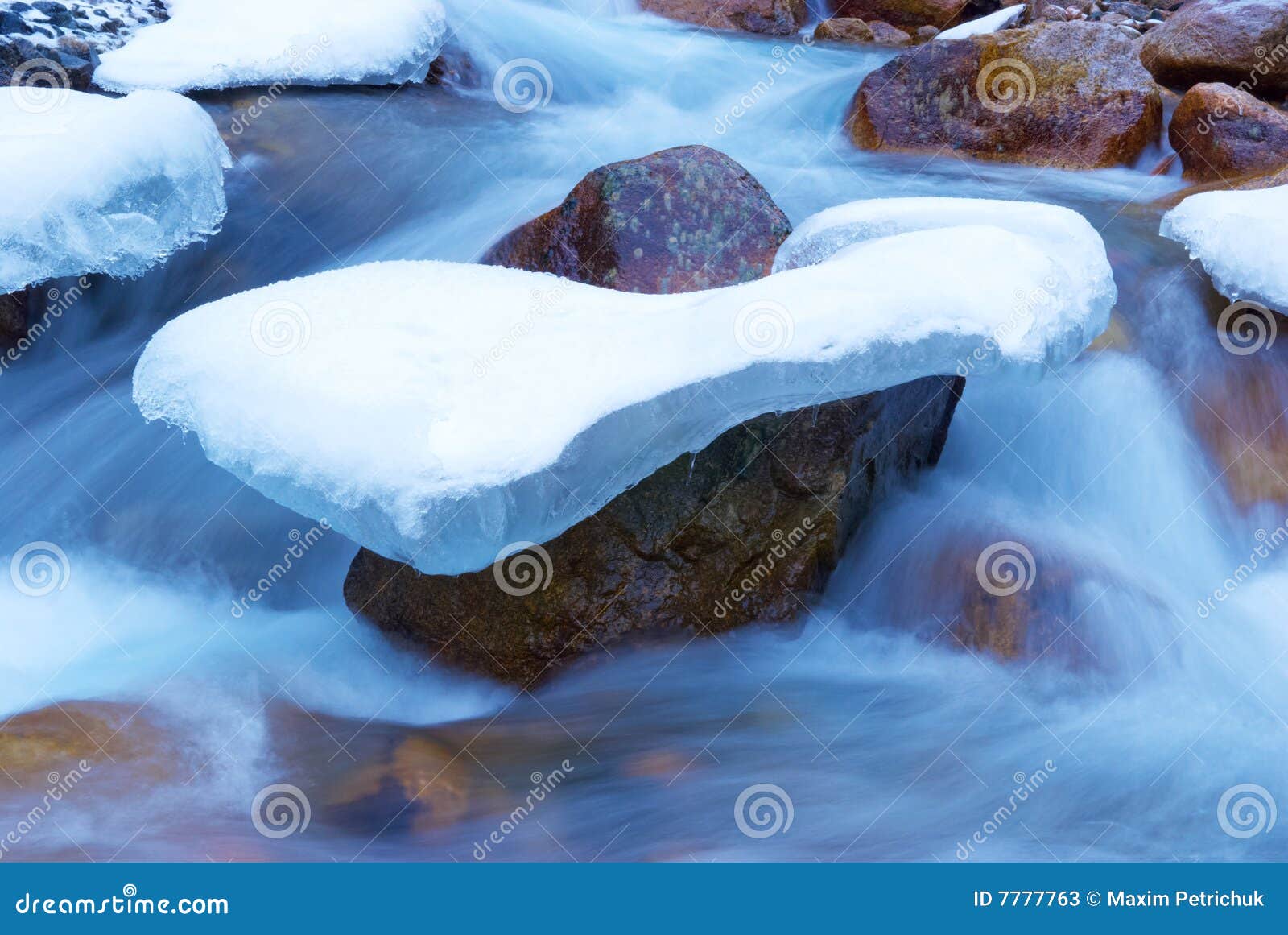 Stone in ice and stream stock image. Image of view, river - 7777763