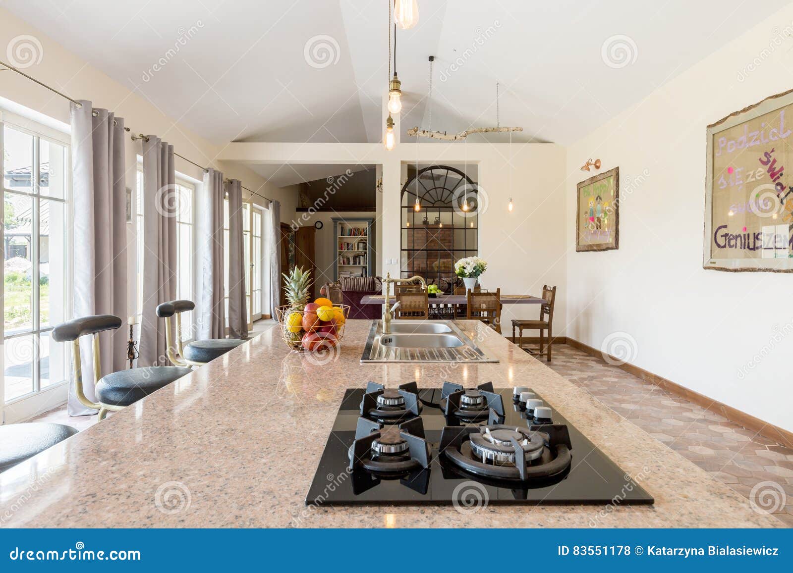 Stone Kitchen Counter with Stove Stock Photo - Image of cooker, modern ...