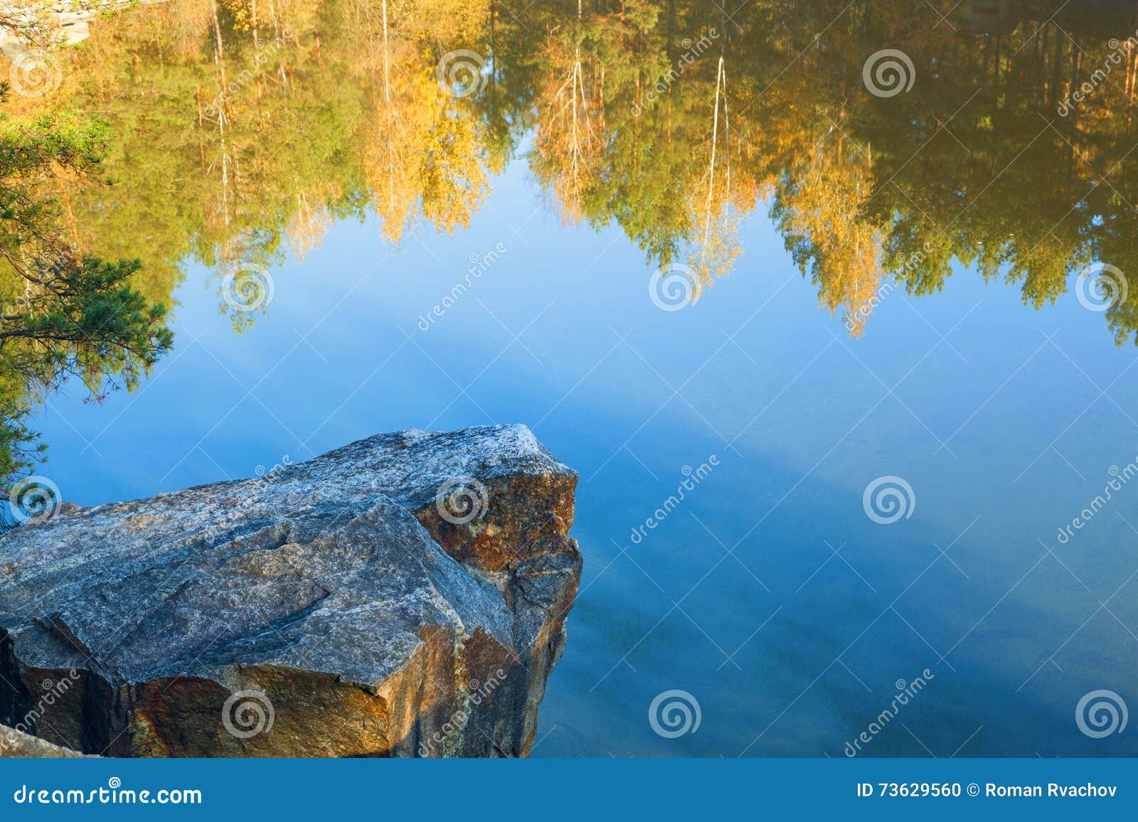 Stone on Lake Background and Reflection of Trees in Water Stock Photo ...