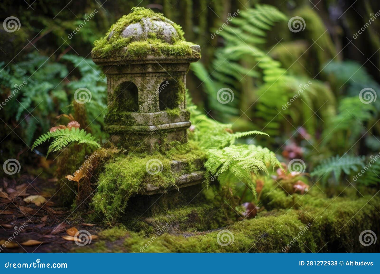 Stone Lantern among Vibrant Moss and Ferns Stock Photo - Image of green ...