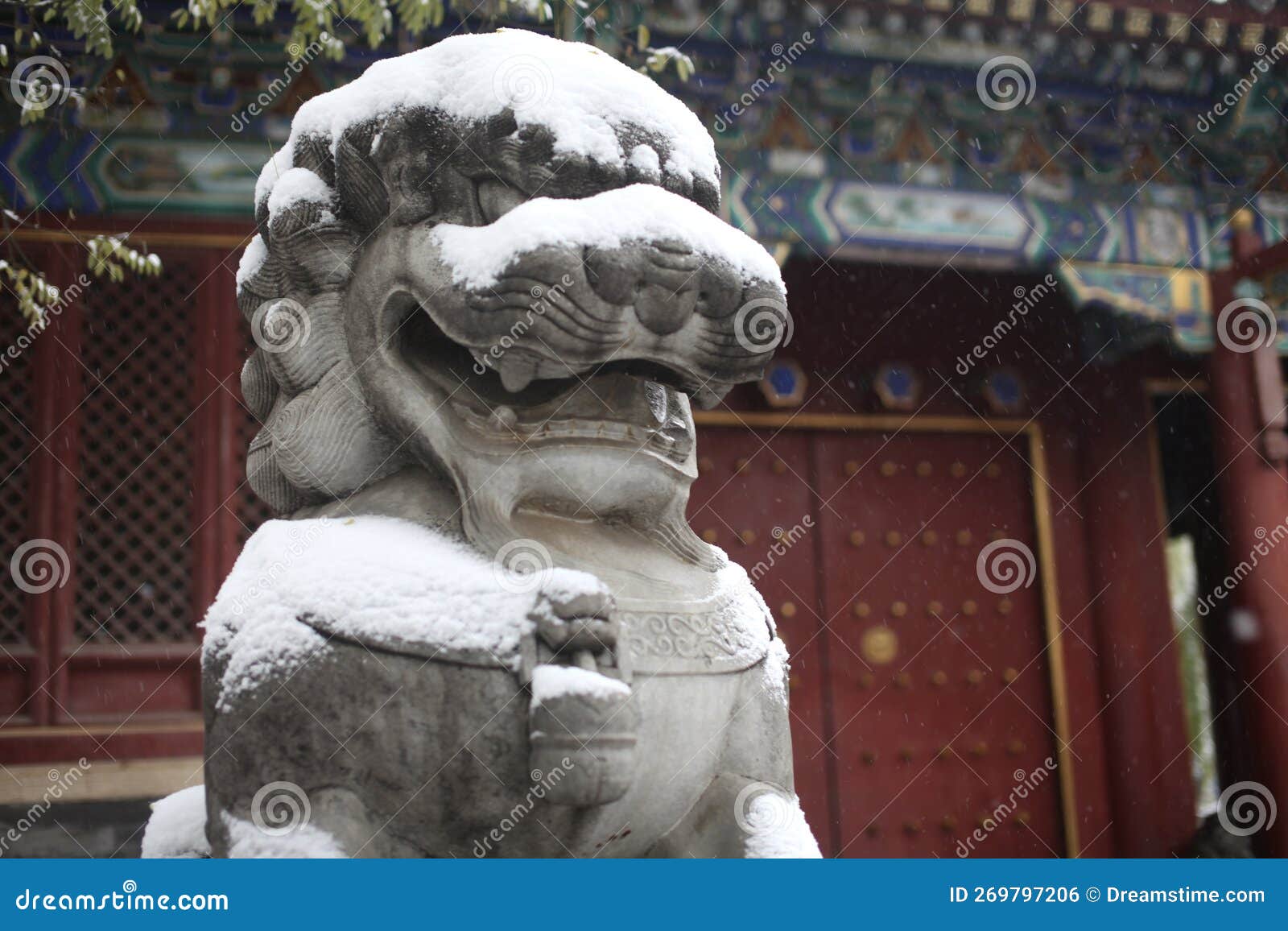 The Stone Lion Statue is Covered with Thick Snow in Peking University ...
