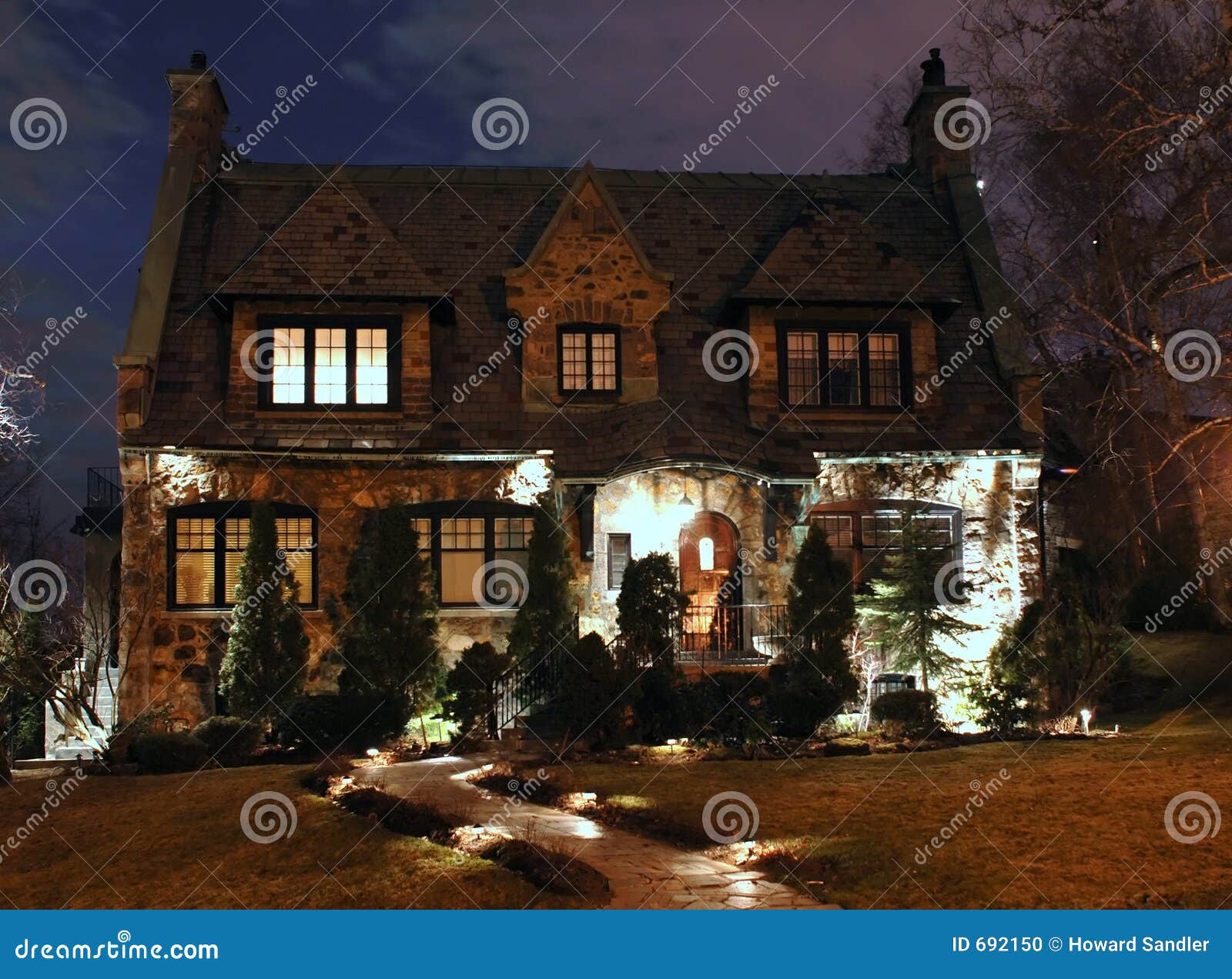 Stone Mansion at Night, Frontal View Stock Photo - Image of success ...