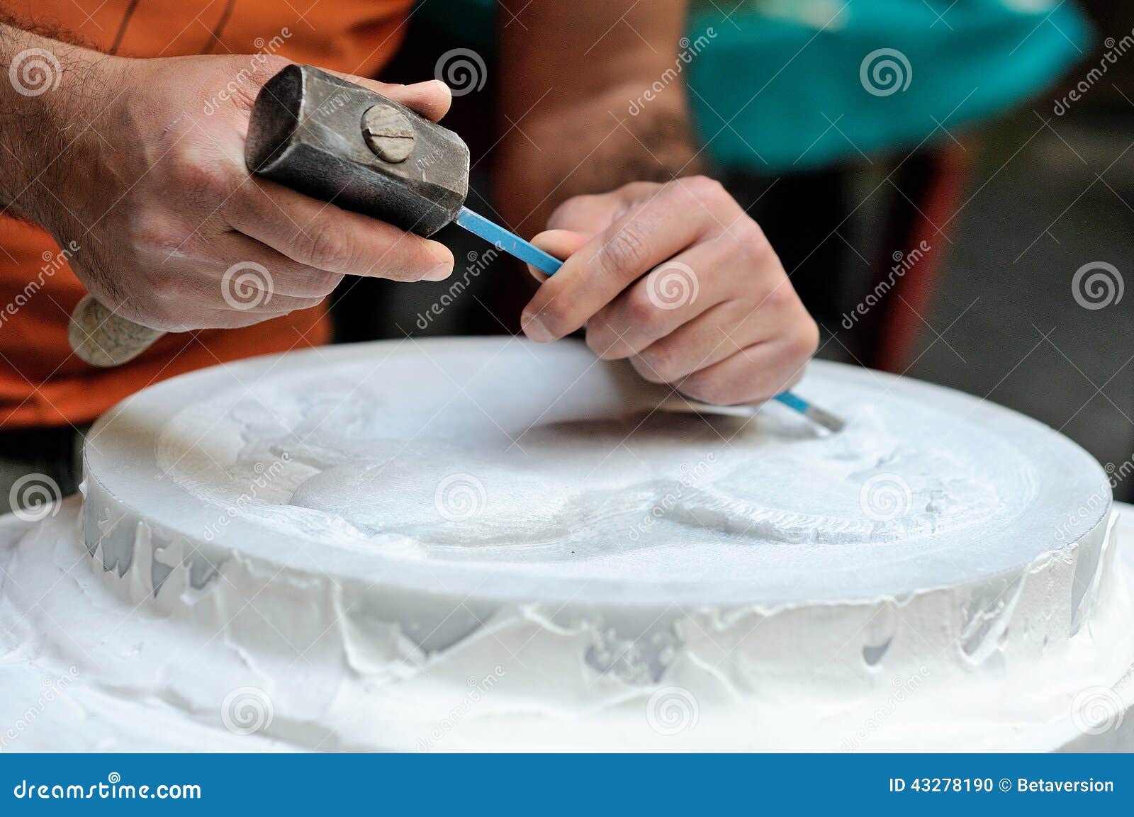 Stone Mason at Work Carving an Ornamental Relief Stock Photo - Image of ...