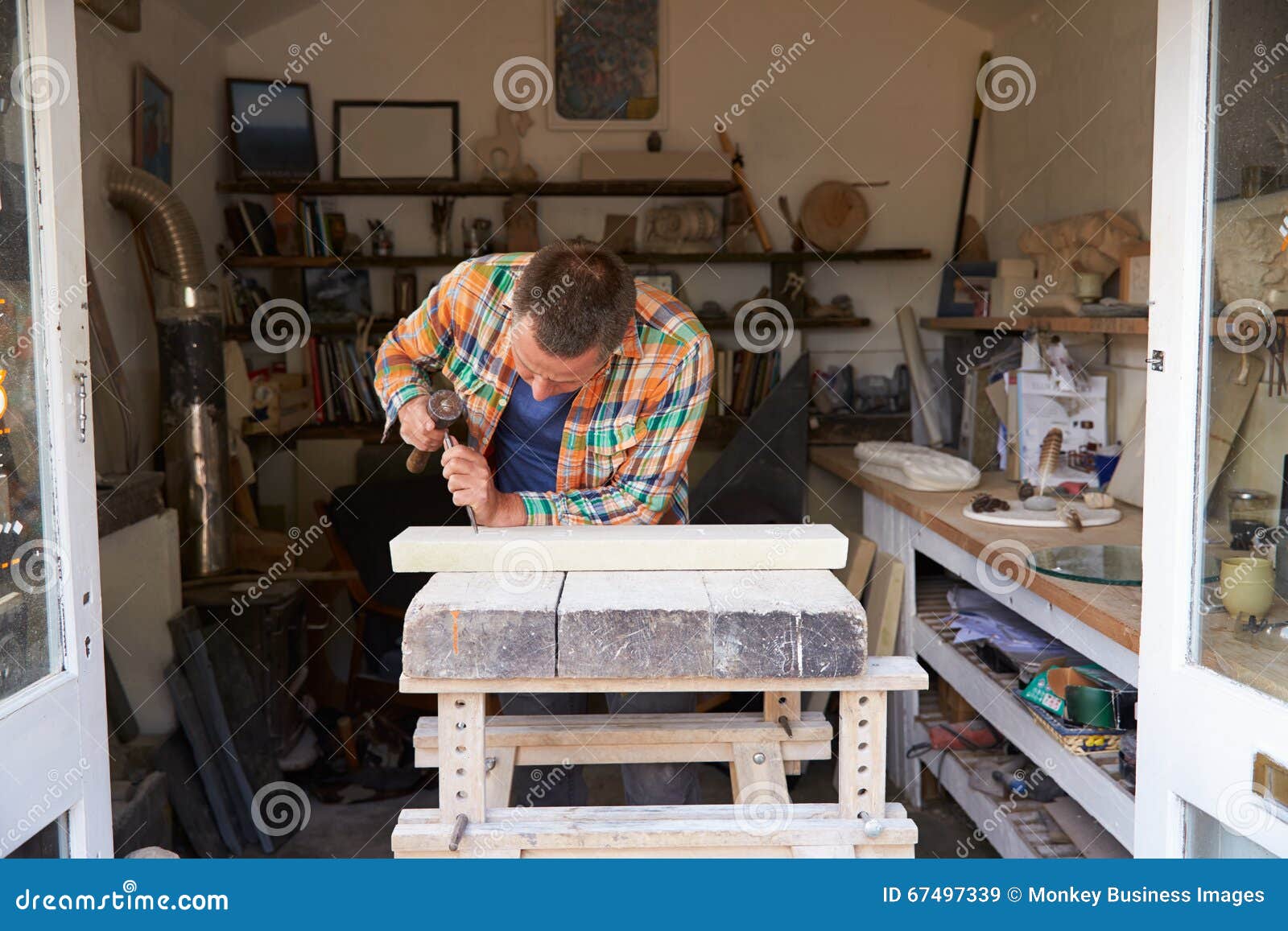 Stone Mason at Work on Carving in Studio Stock Image - Image of ...