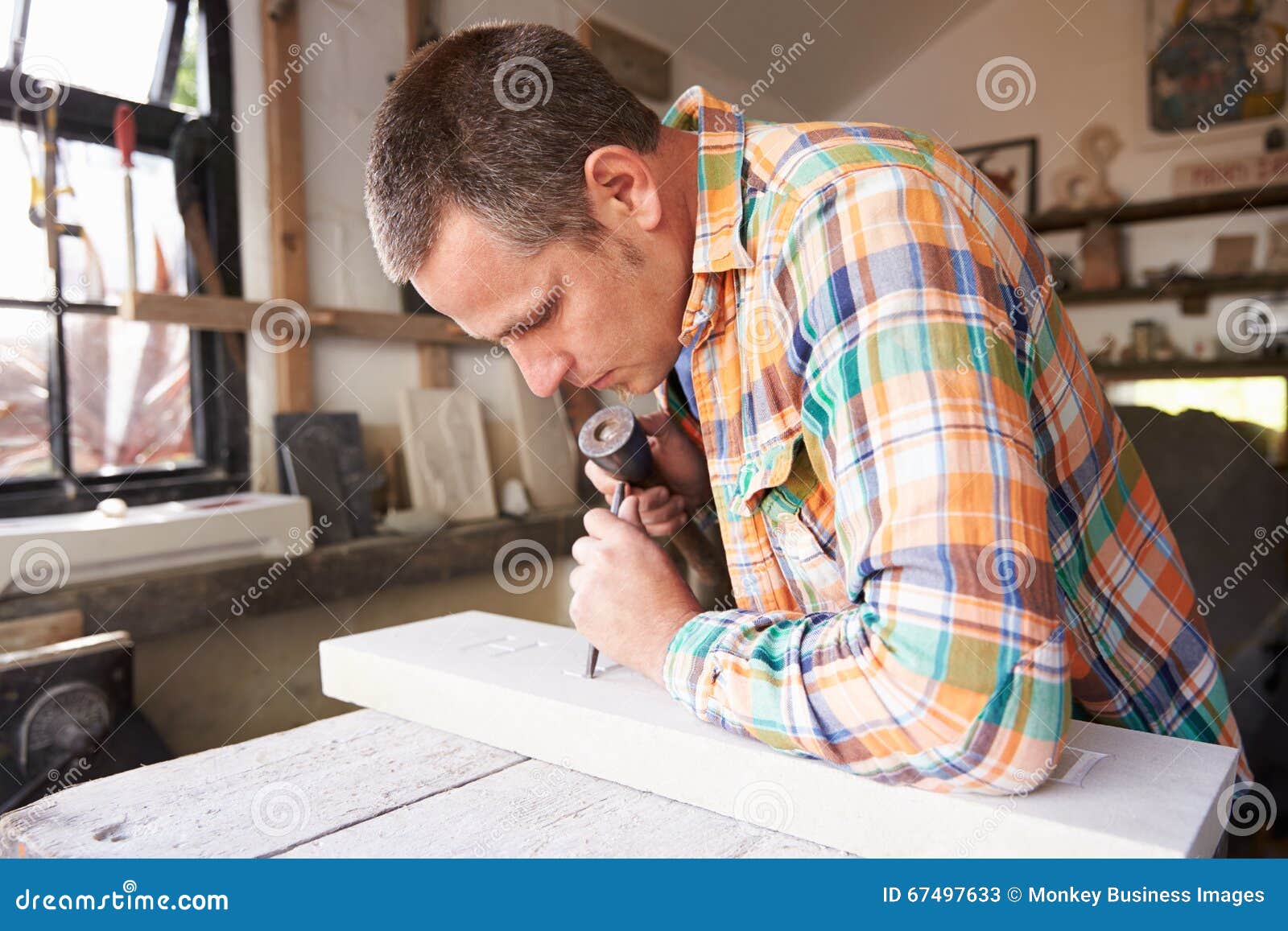 Stone Mason at Work on Carving in Studio Stock Image - Image of owner ...