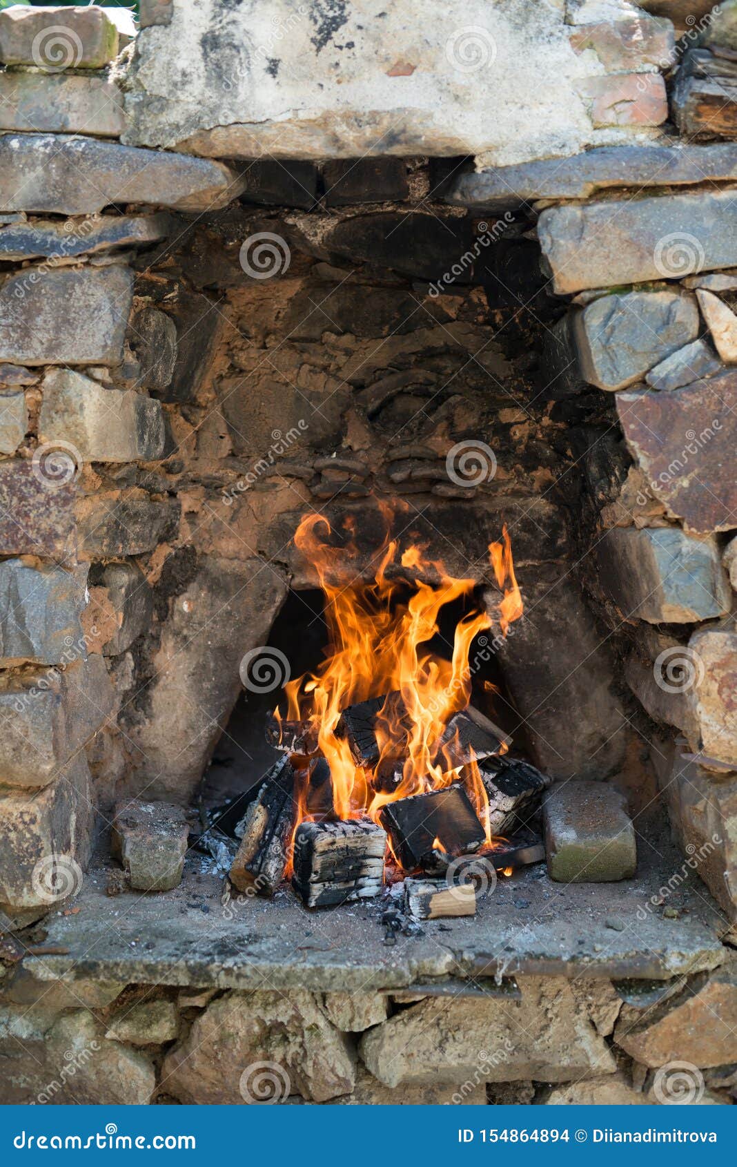 Stone Masonry Furnace with Burning Fire Stock Photo - Image of fire ...