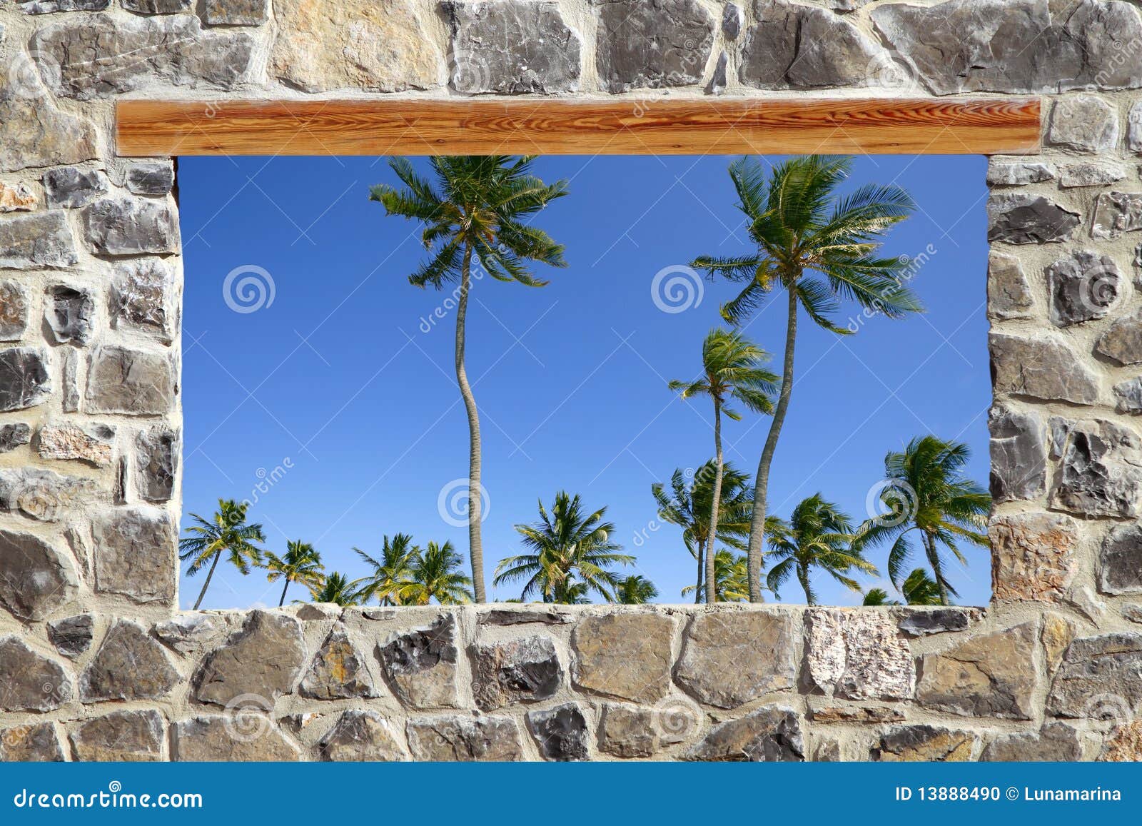 Stone Masonry Wall Window Tropical Palm Trees View Stock Photo - Image ...