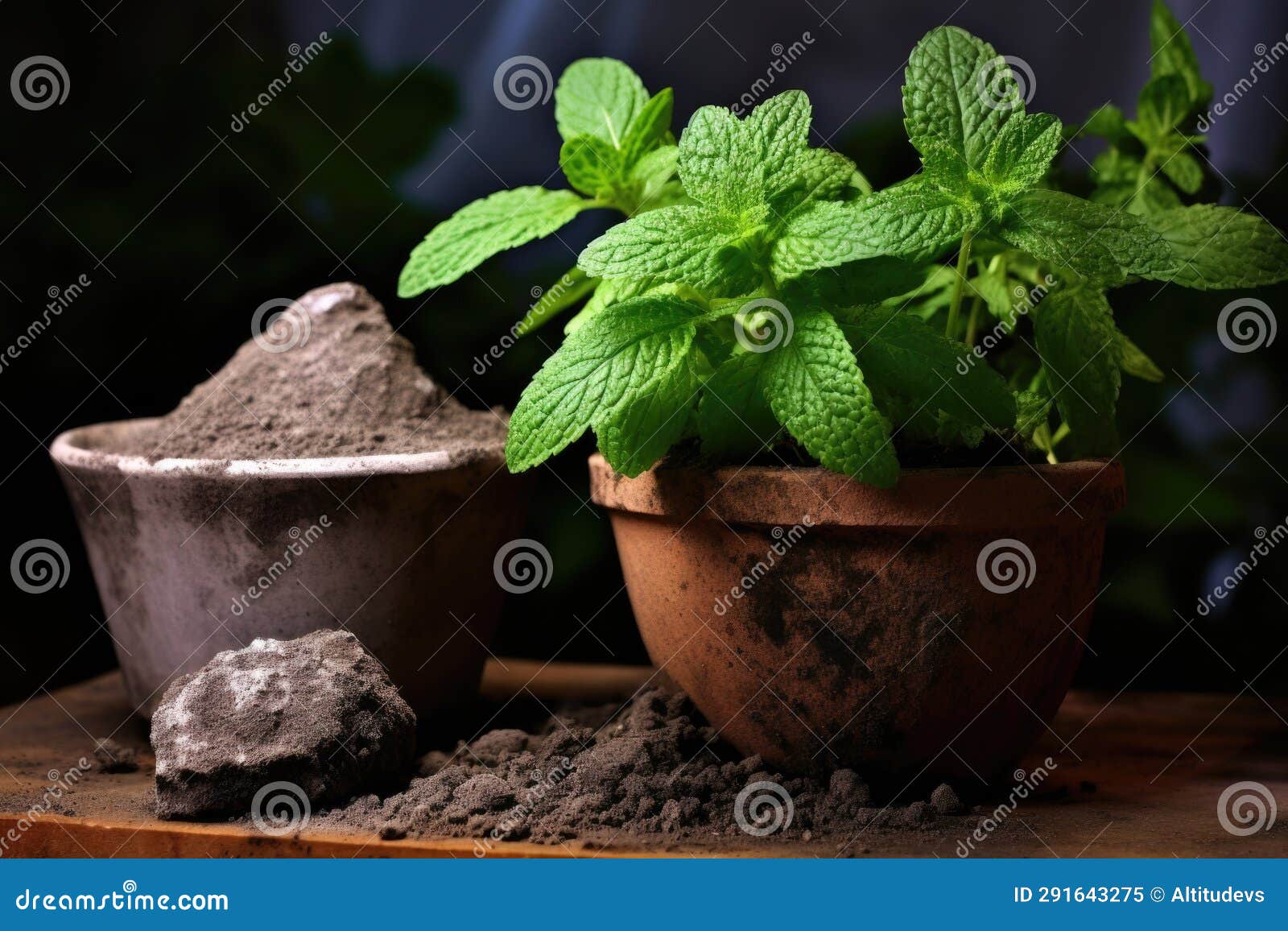 Stone Mortar with Freshly Ground Mint, Next To a Mint Plant Stock Image ...