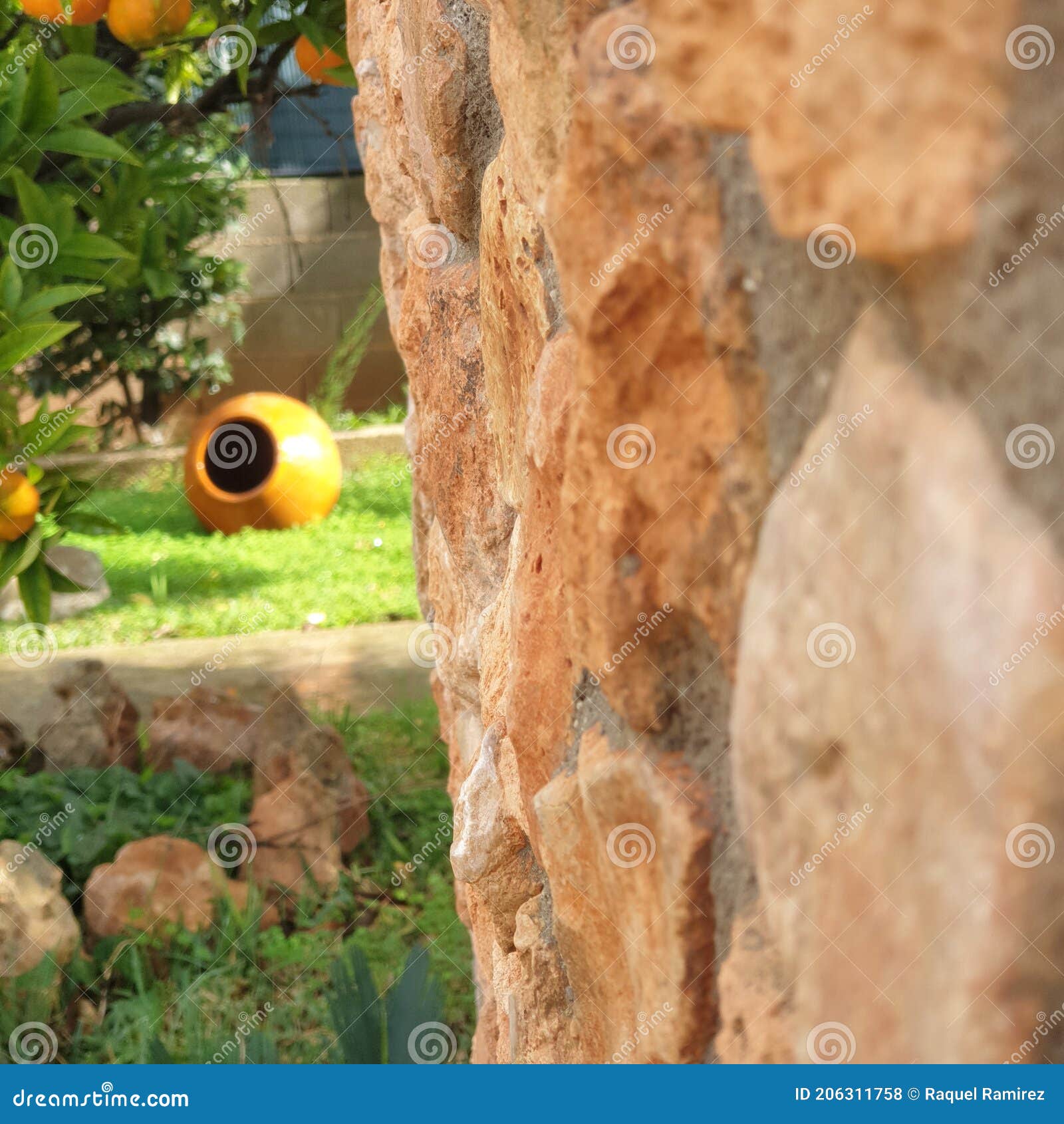 Wall of Stone and Mud and in the Distance a Tree with Oranges Stock ...