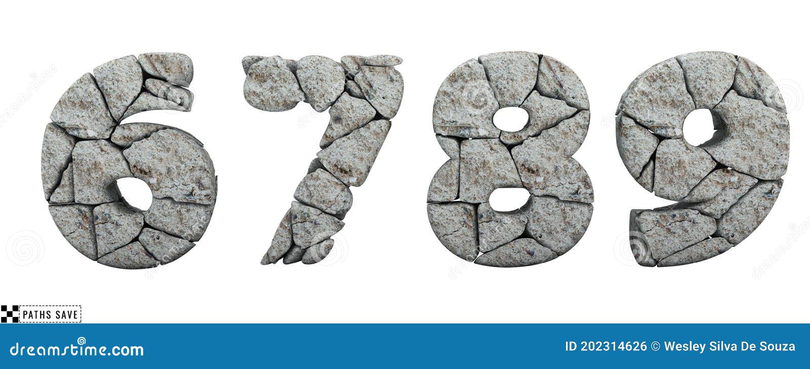 Stone Numbers 6, 7, 8, 9, 3d Render. Rock Alphabet. Path Save Stock ...