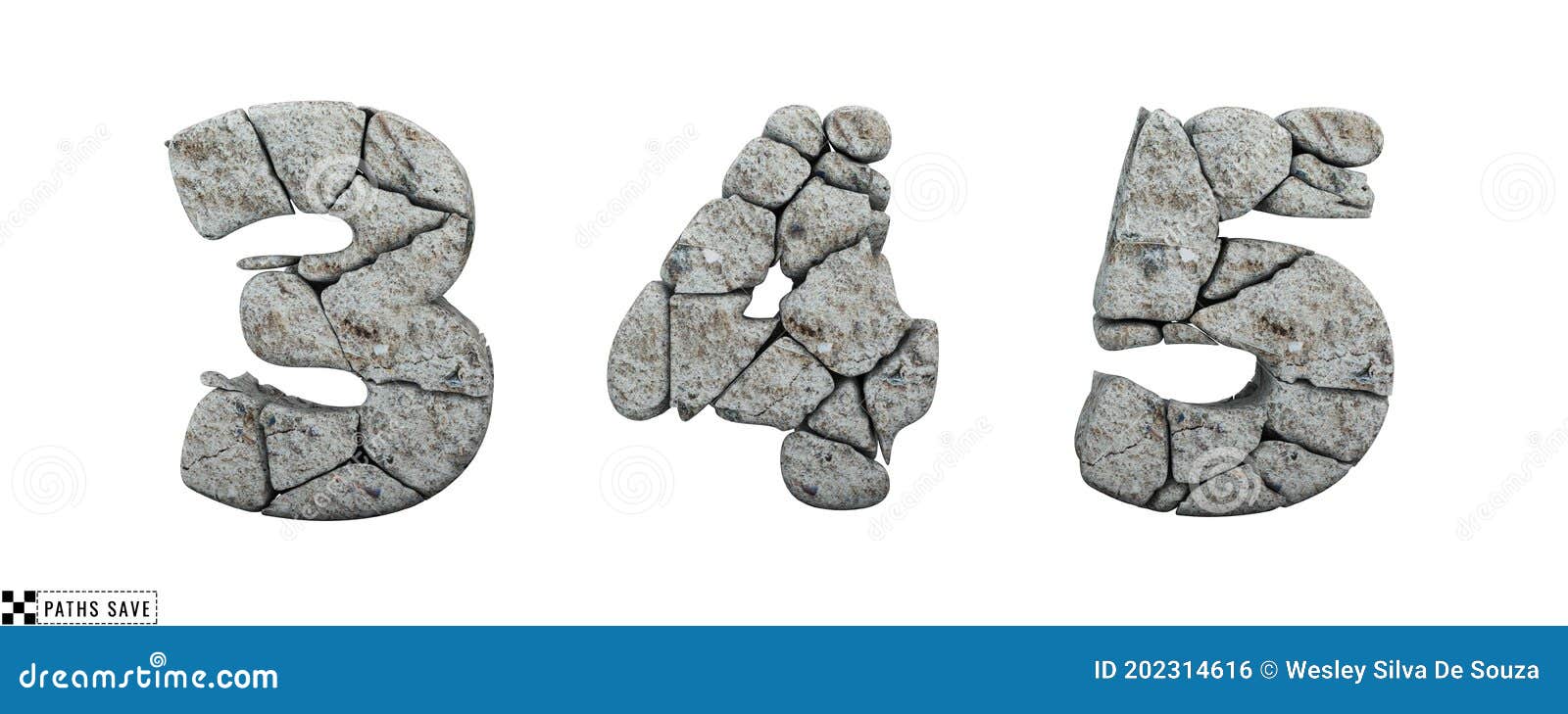 Stone Numbers 3, 4, 5, 3d Render. Rock Alphabet. Path Save. Stock ...