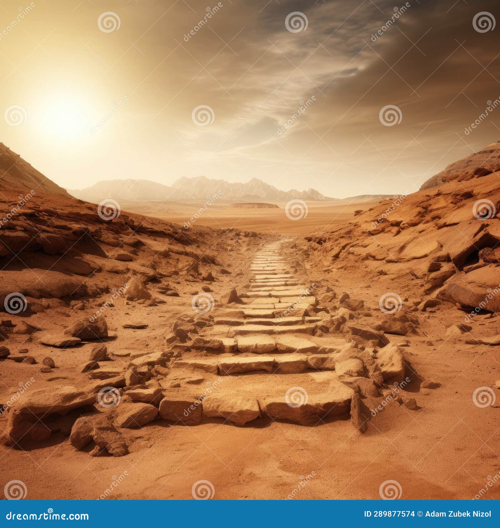 Path Through Desert Sand Hills. Landscape With An Asphalt Road ...