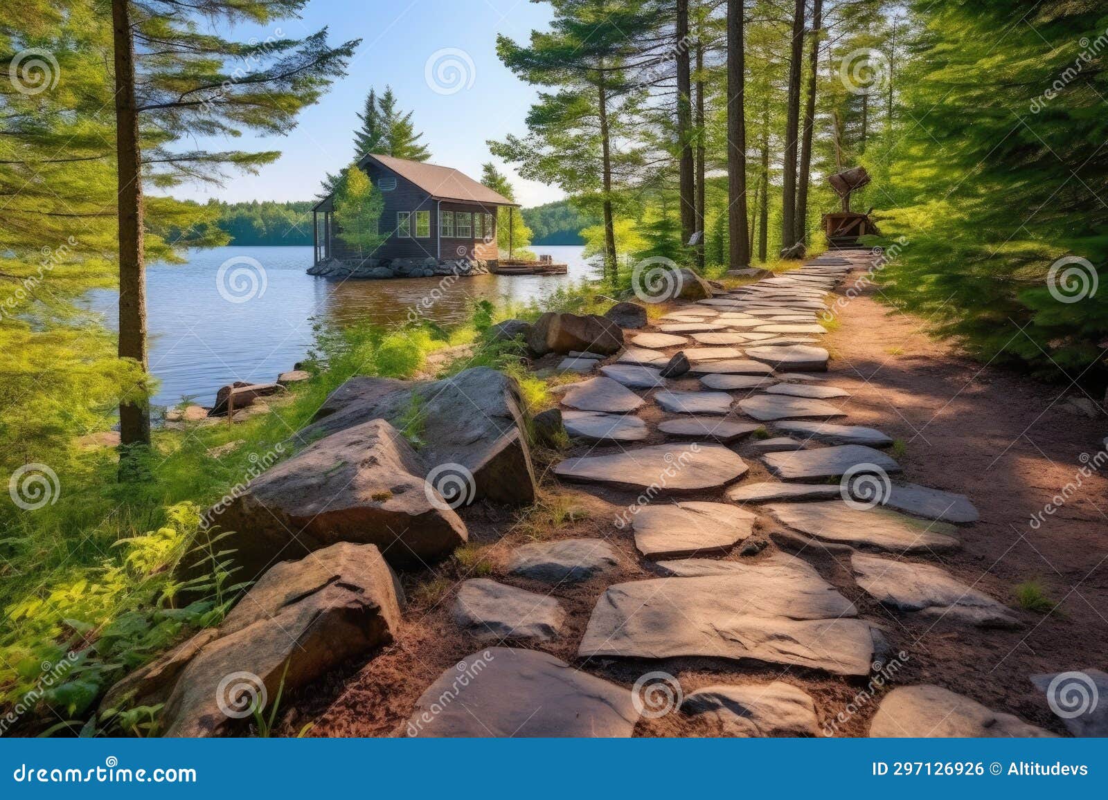 Stone Path Leading To a Lakeside Cabin Stock Photo - Image of ...