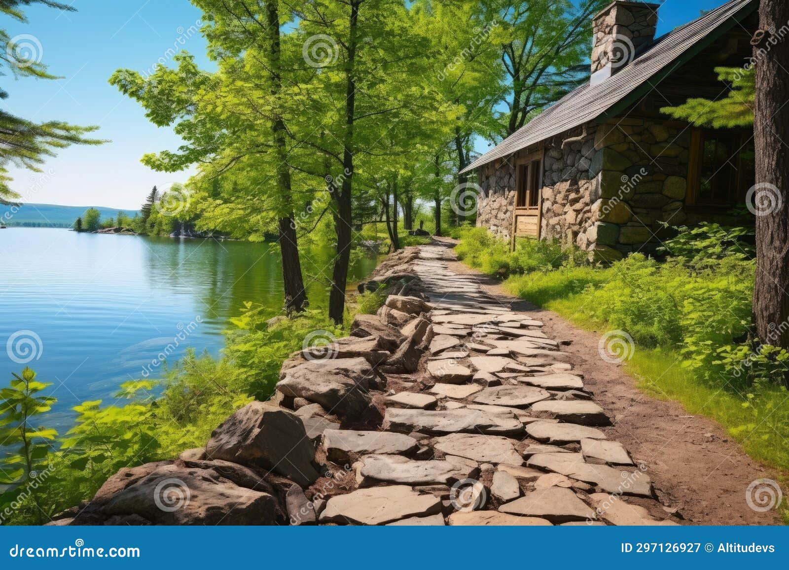 Stone Path Leading To a Lakeside Cabin Stock Image - Image of generated ...