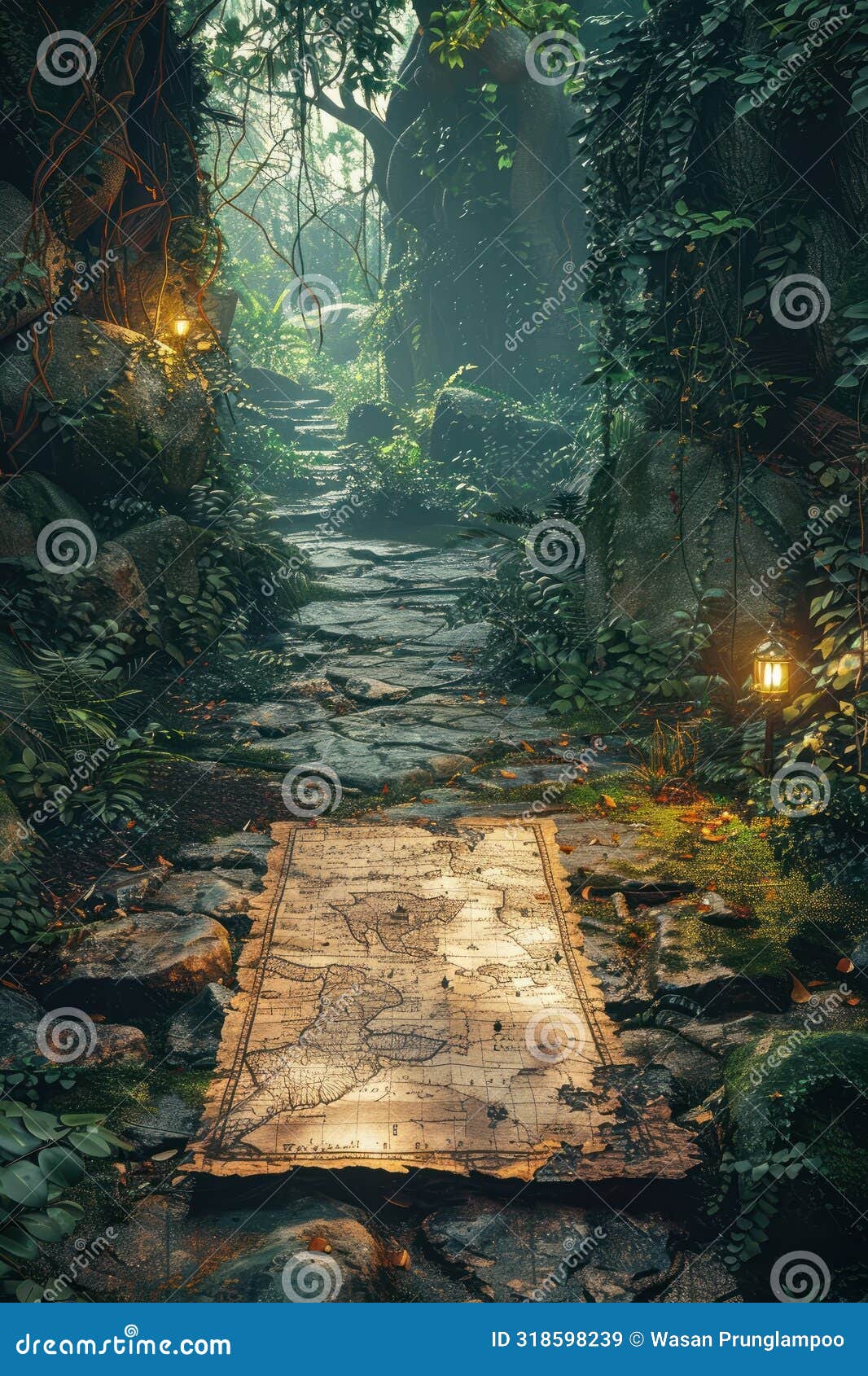The Stone Path through the Mystical Forest is Covered with Moss and ...