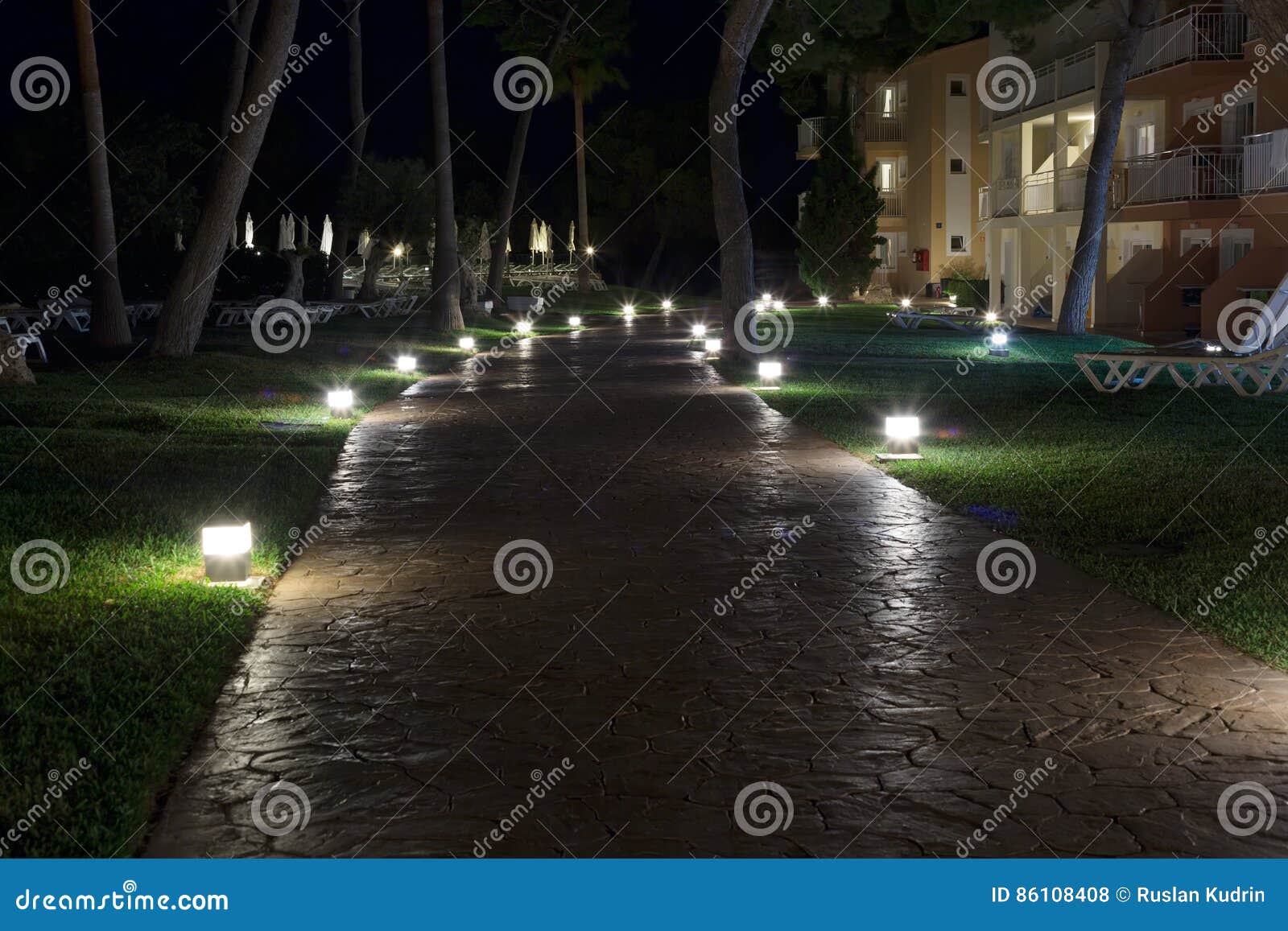 Stone path at night stock photo. Image of lamp, evening - 86108408