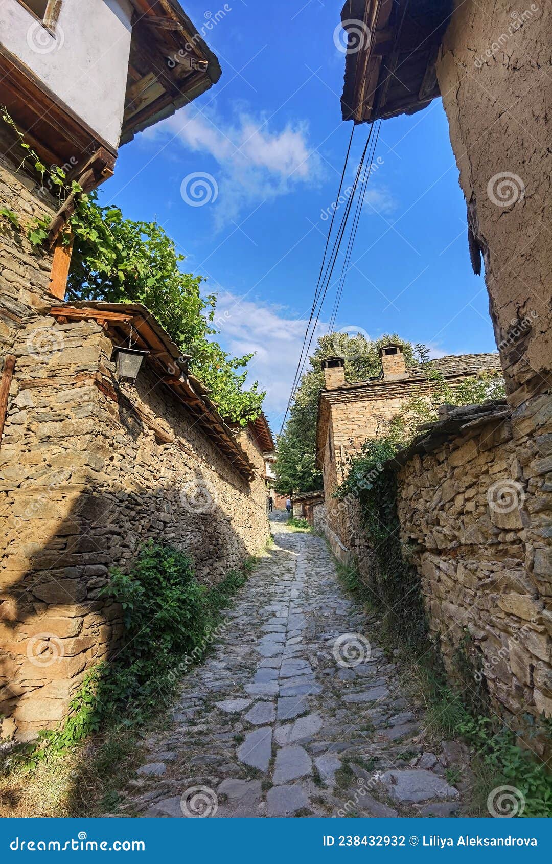 Stone Path in Old Village with Old Retro Houses Stock Photo - Image of ...