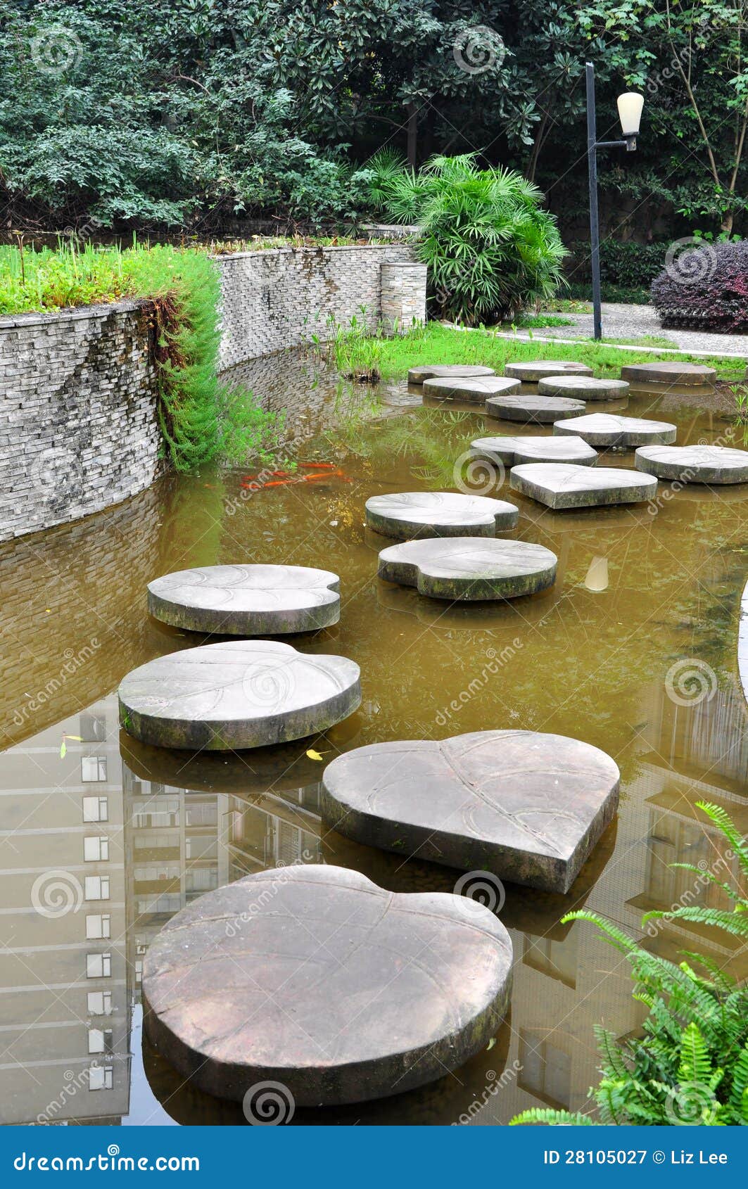 Stone Path through Pond stock image. Image of forward - 28105027