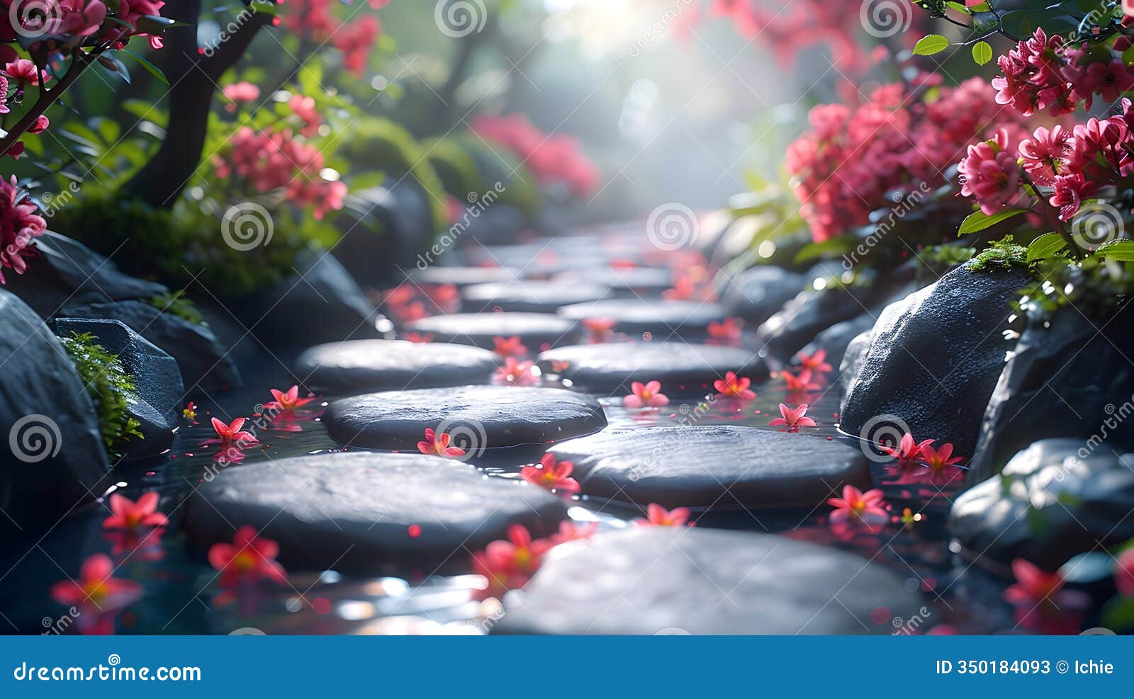 Stone Path through the Woods with Pink Flowers 3D Illustration Stock ...