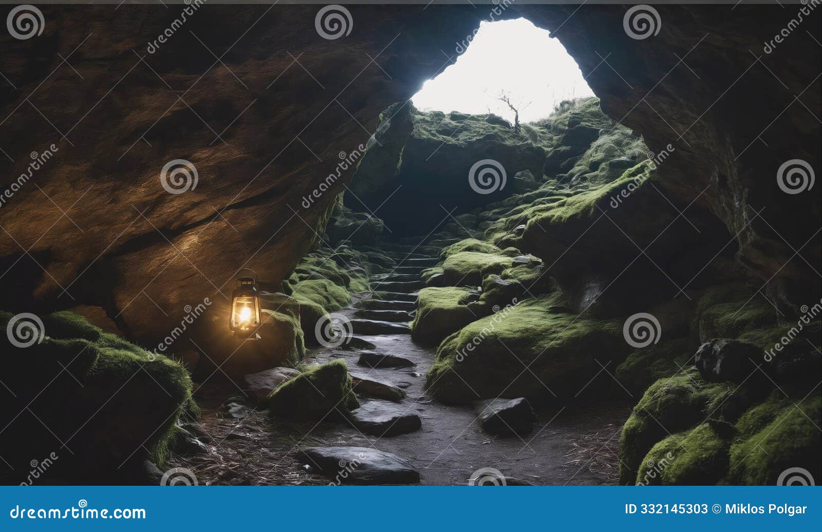 A Stone Pathway Leads into a Dark Cave with a Single Lantern ...