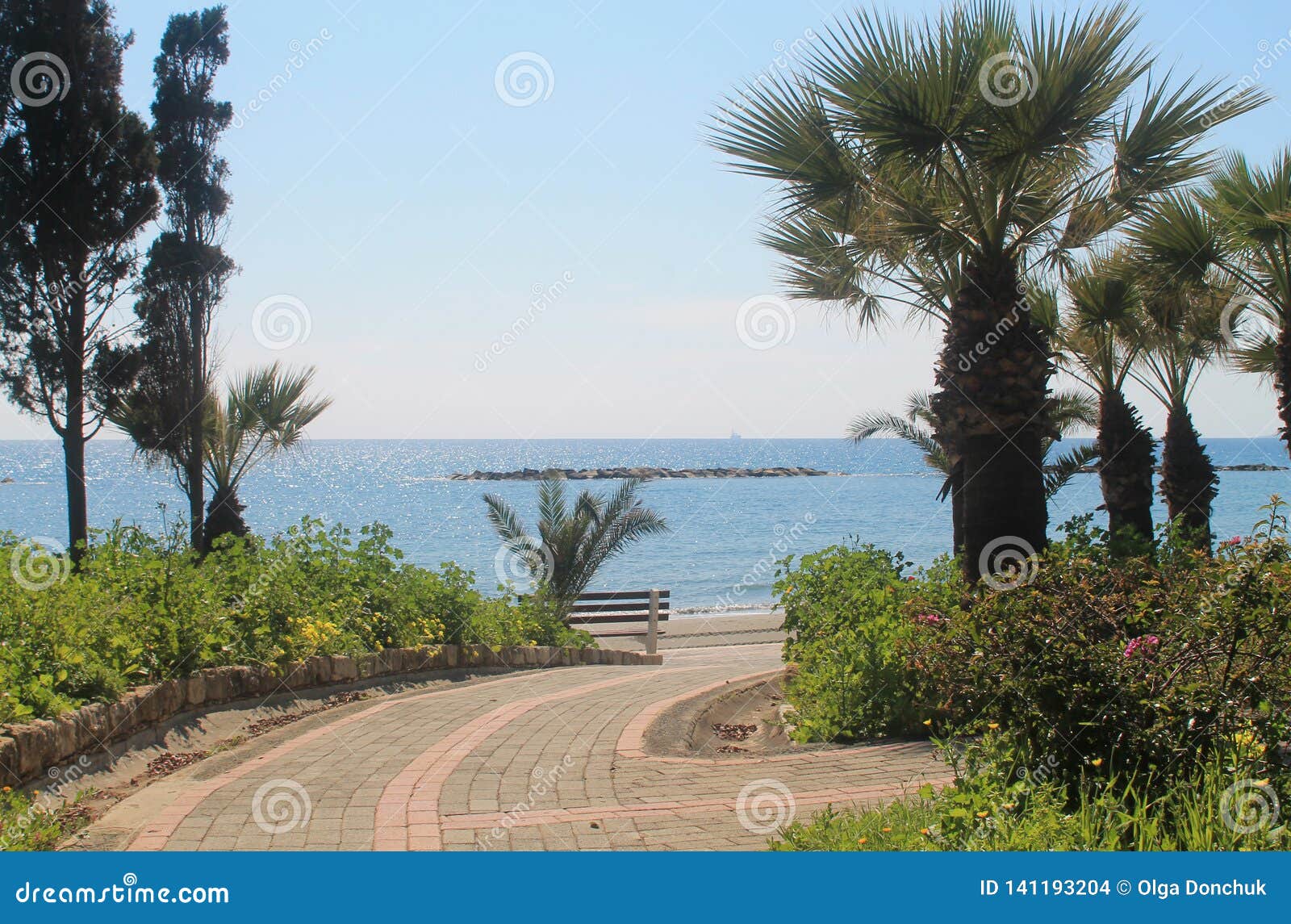 Stone Pathway in a Seaside Park Stock Photo - Image of blue, stone ...
