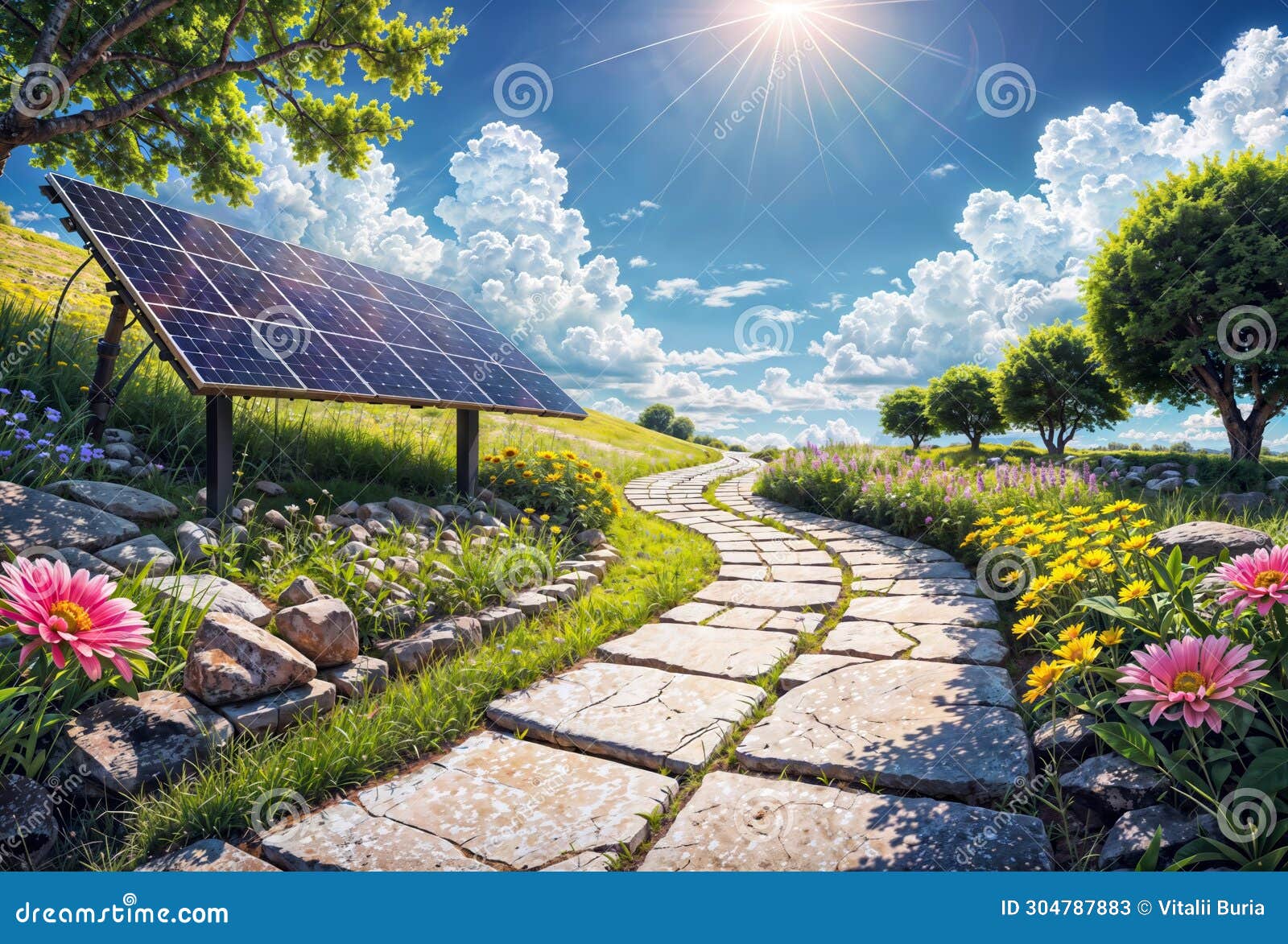 A Meandering Stone Pathway through a Blooming Field, with a Solar Panel ...
