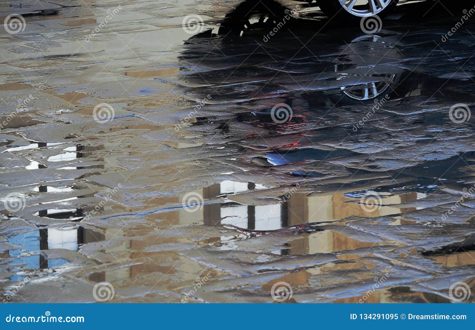 Stone Paved Road with Puddles Reflection Stock Image - Image of tuscany ...