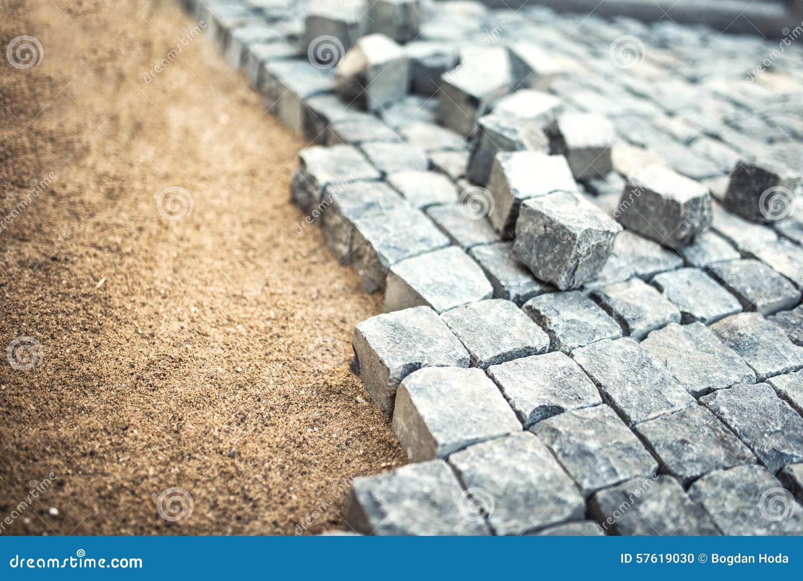 Stone Pavement, Construction Worker Laying Cobblestone Rocks on Sand ...