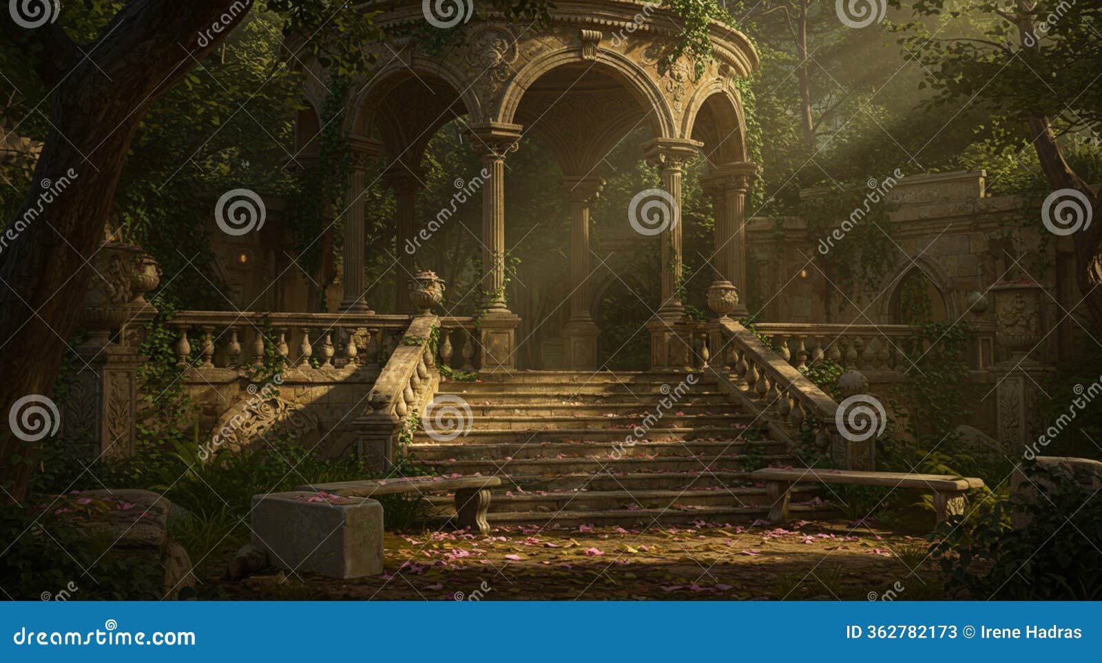 Stone Pavilion Surrounded by Lush Greenery and Dappled Sunlight ...