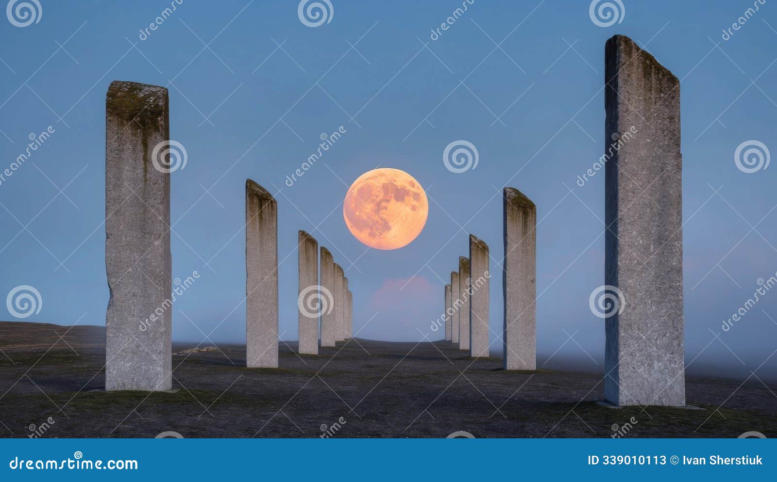 Stone Pillars and a Large Orange Moon in a Mystical Landscape. Stock ...