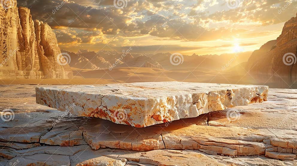 A Stone Platform in the Desert at Sunset with Mountains in the ...