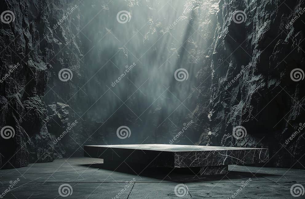Stone Platform with Light Rays in a Dark Cave Stock Image - Image of ...