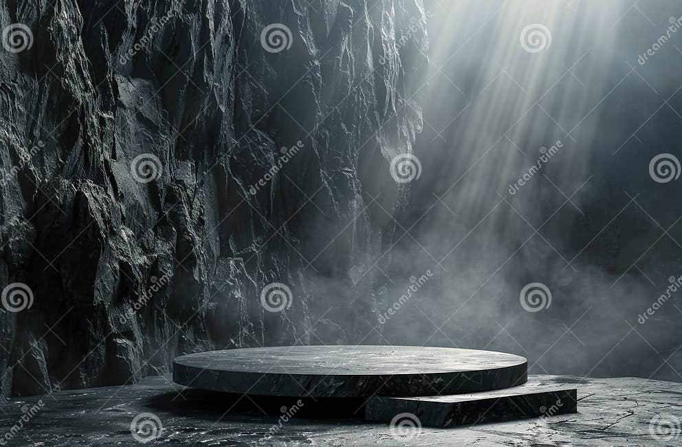 Stone Platform with Light Rays in a Dark Cave Stock Image - Image of ...