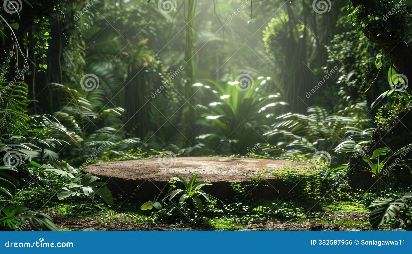 A Stone Platform in a Lush, Green Rainforest with Sunlight Streaming ...