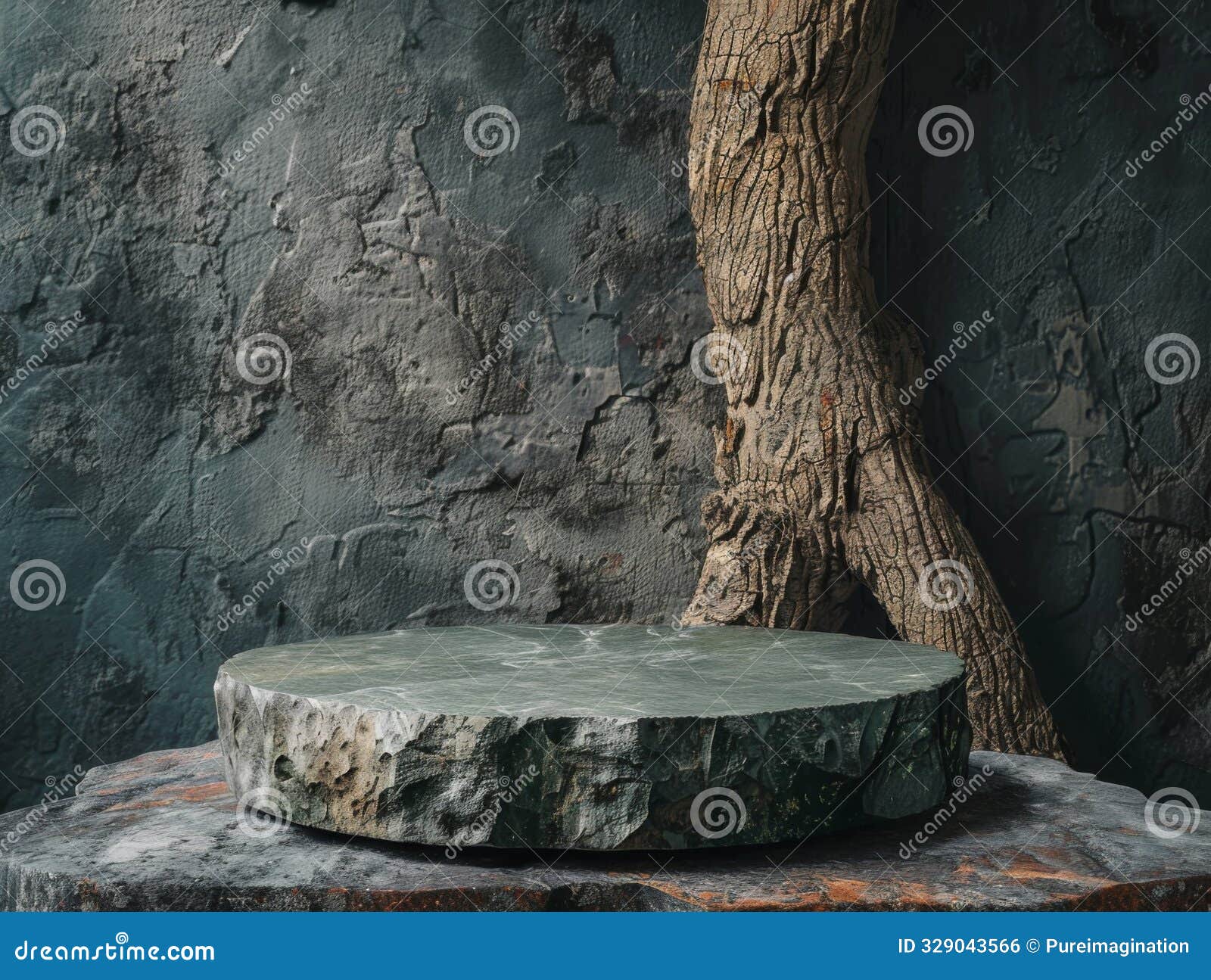 Stone Platform with Tree Branch Against Rustic Wall Stock Illustration ...