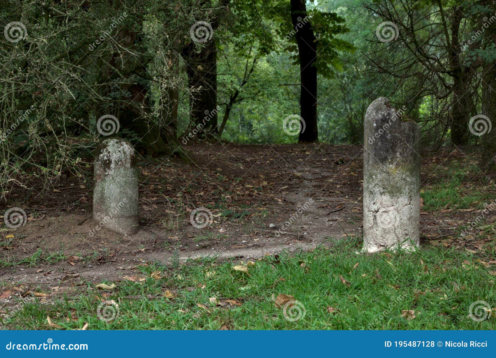 Stone Pylons at the Beginning of a Path Bordered by Trees Stock Photo ...