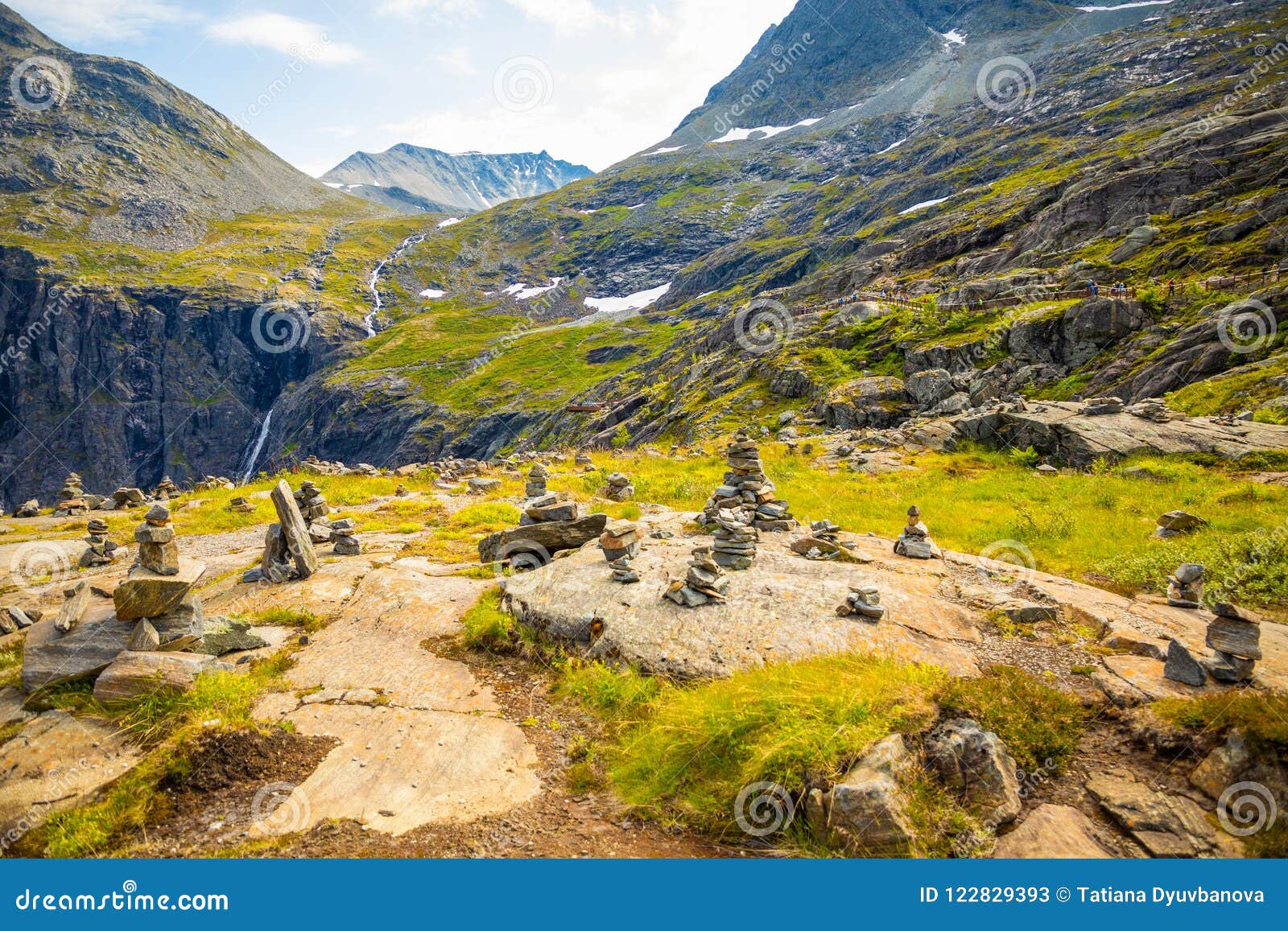 Stone Pyramids on Mountain Background Near Trollstigen, Norway Stock ...