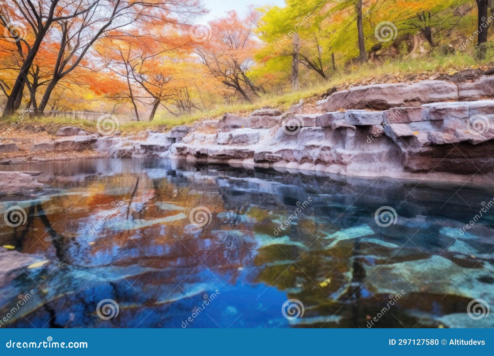 Stone Rim of a Hot Spring with Autumn Leaves Stock Photo - Image of ...