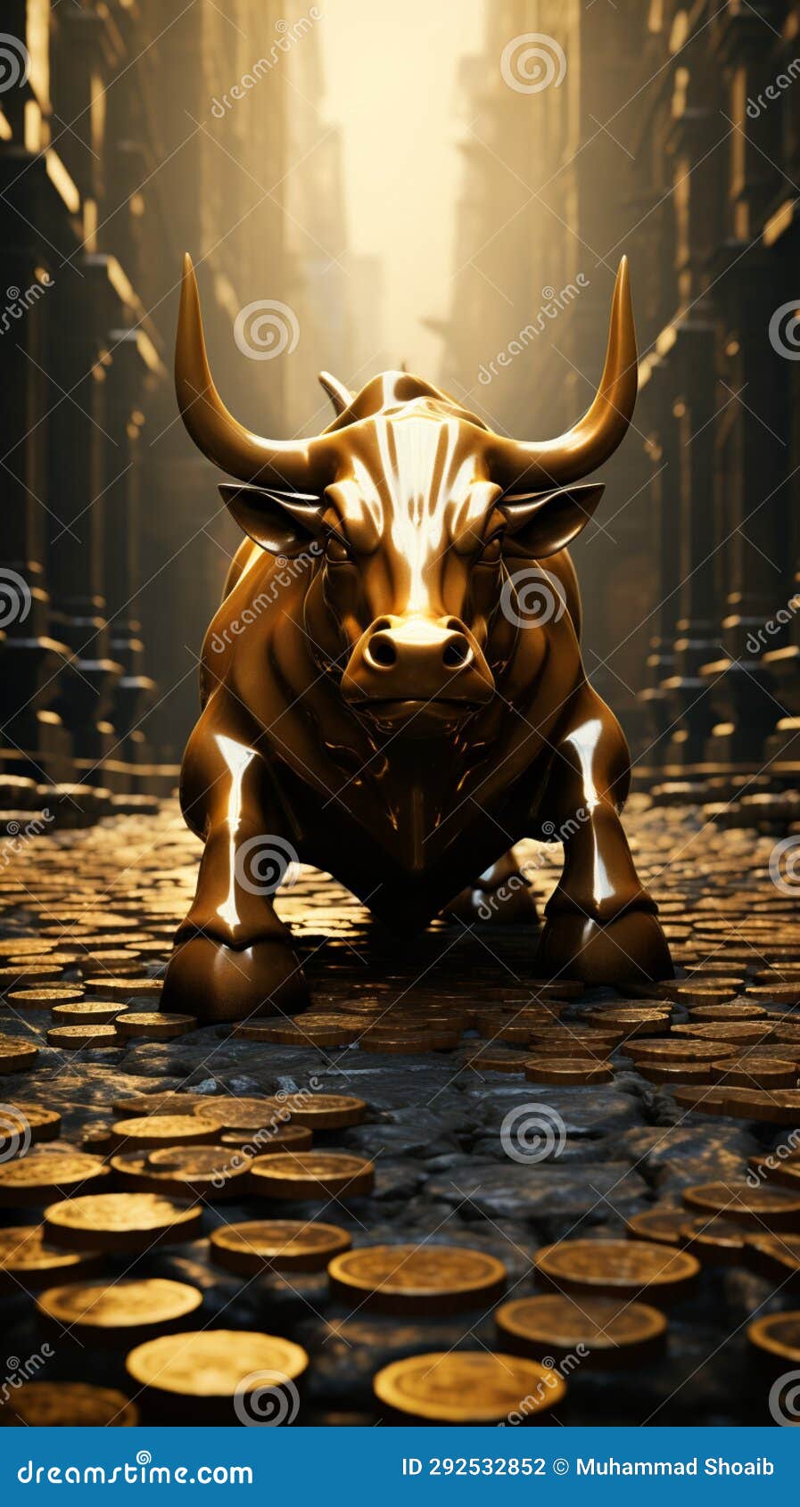 A Stone Road Featuring a Bull Statue Surrounded by Scattered Coins ...