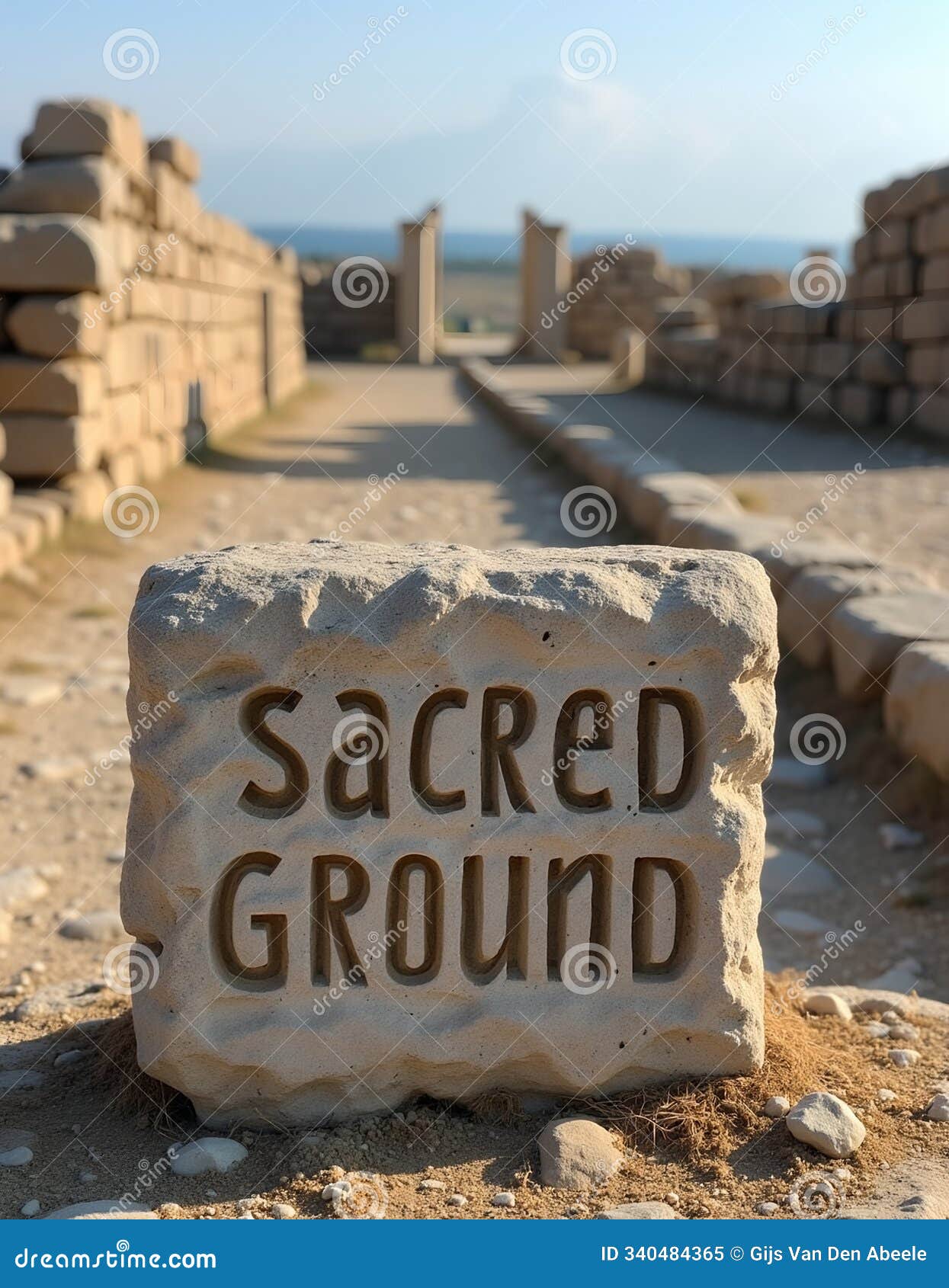 Stone Sacred Ground Sign with Ancient Ruins Backdrop Stock Illustration ...