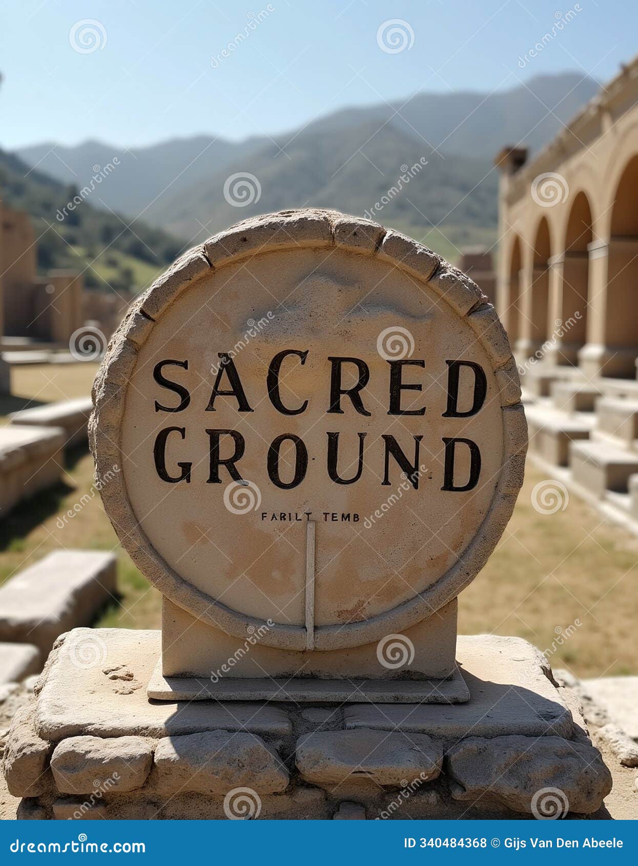 Stone Sacred Ground Sign with Ancient Ruins Backdrop Stock Illustration ...