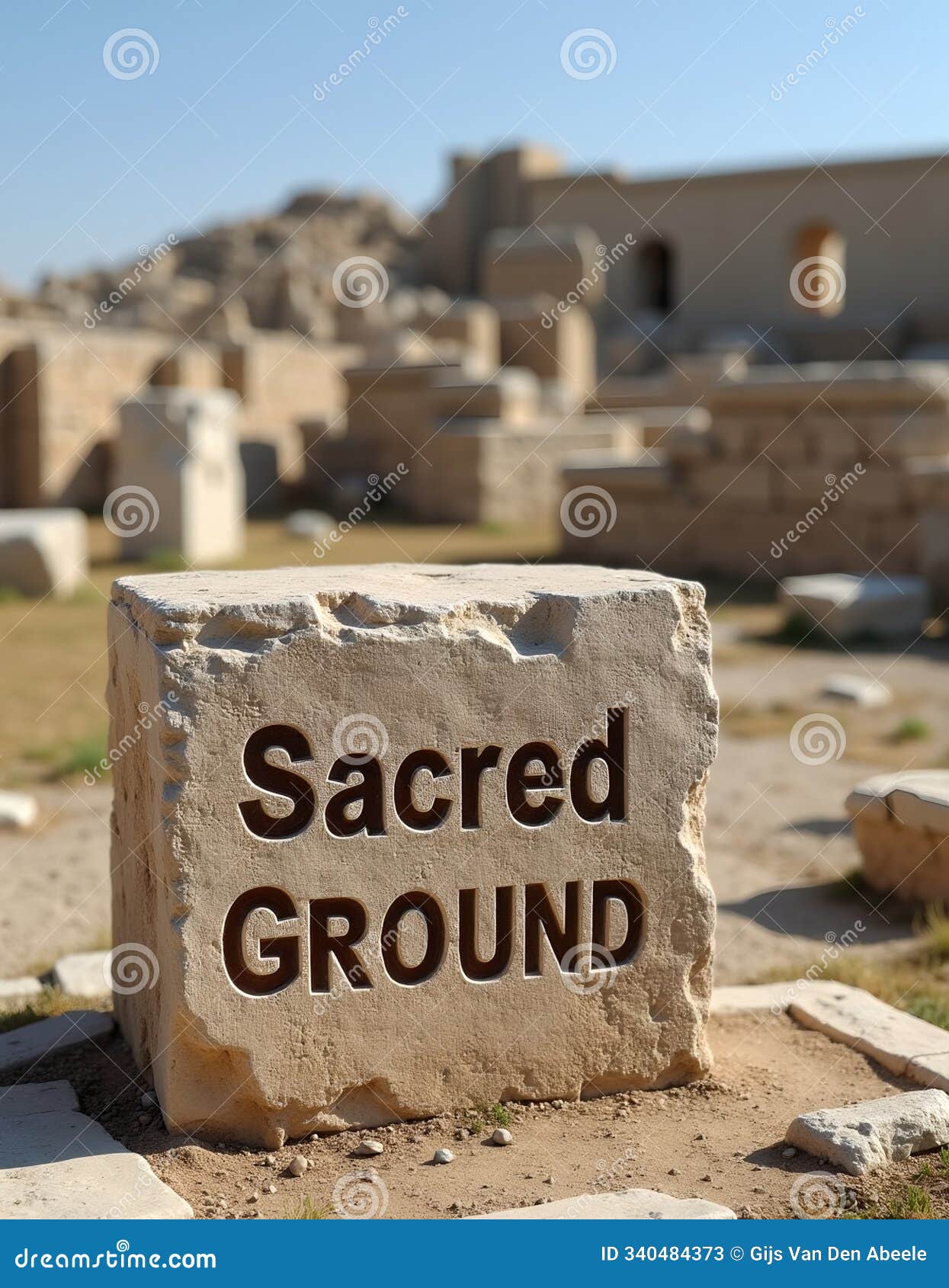 Stone Sacred Ground Sign with Ancient Ruins Backdrop Stock Illustration ...
