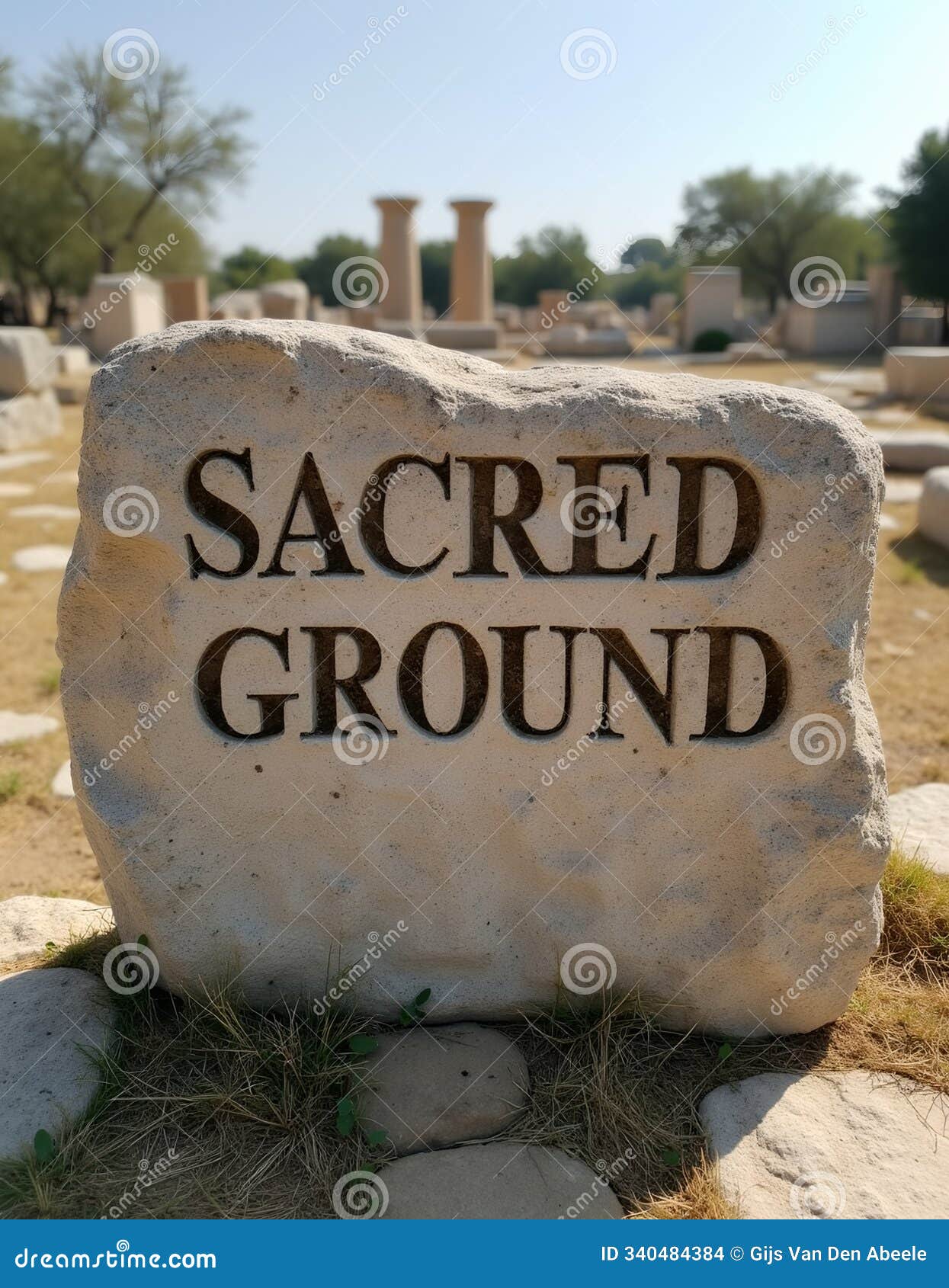 Stone Sacred Ground Sign with Ancient Ruins Backdrop Stock Illustration ...